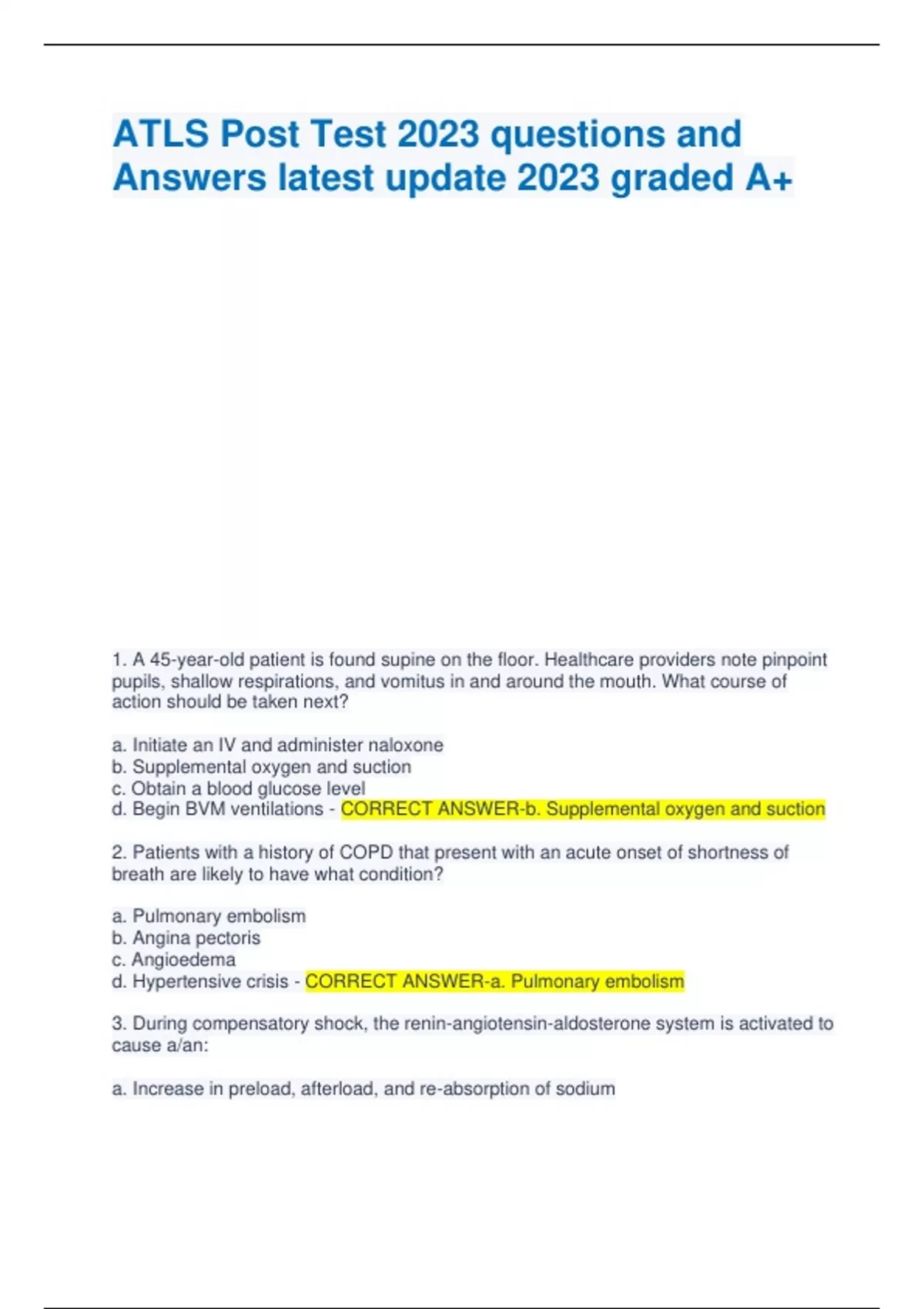 ATLS Post Test 2023 questions and Answers latest update 2023 graded A+ ...