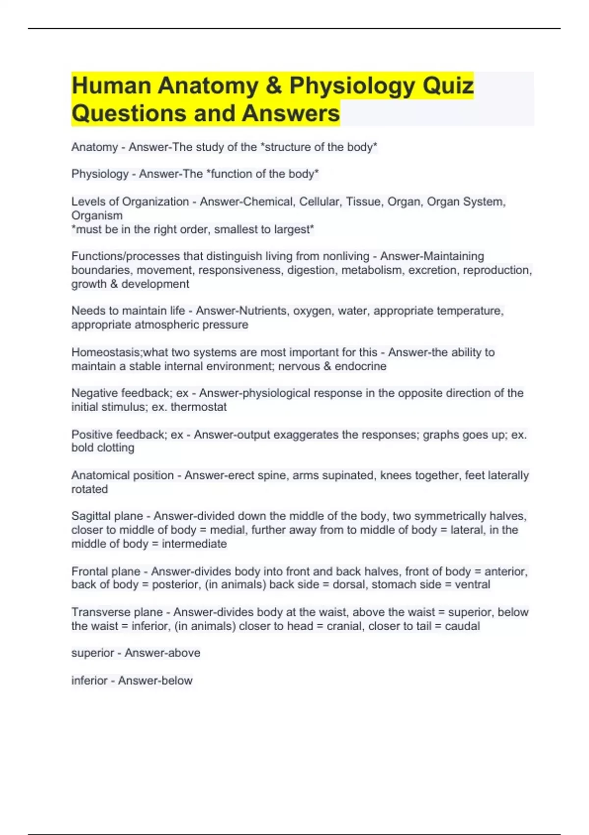 Human Anatomy & Physiology Quiz Questions and Answers - Human anatomy ...