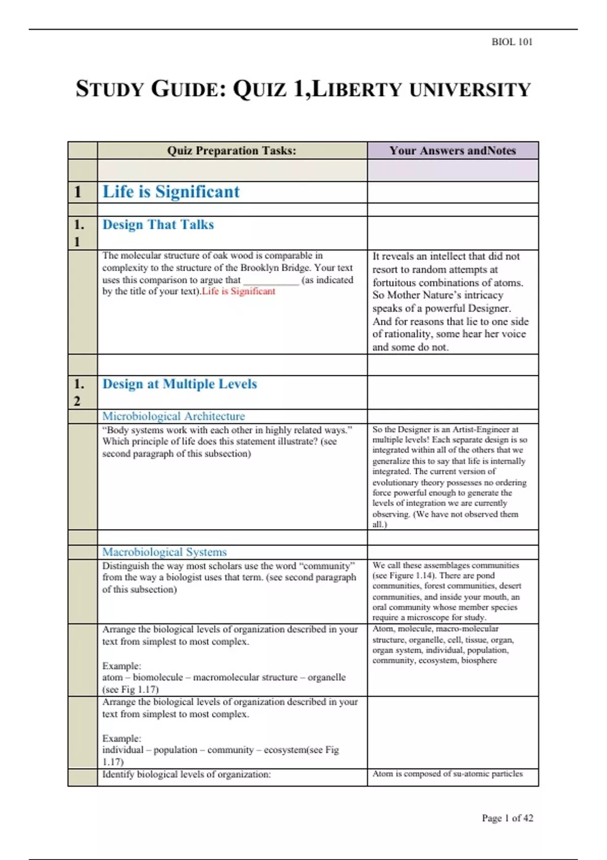 BIOL 101 Study Guide Quiz 1, Quiz 2, Quiz 3, Quiz 4, Quiz 5, Quiz 6, Quiz 7, Quiz 8, BIOL 101 ...