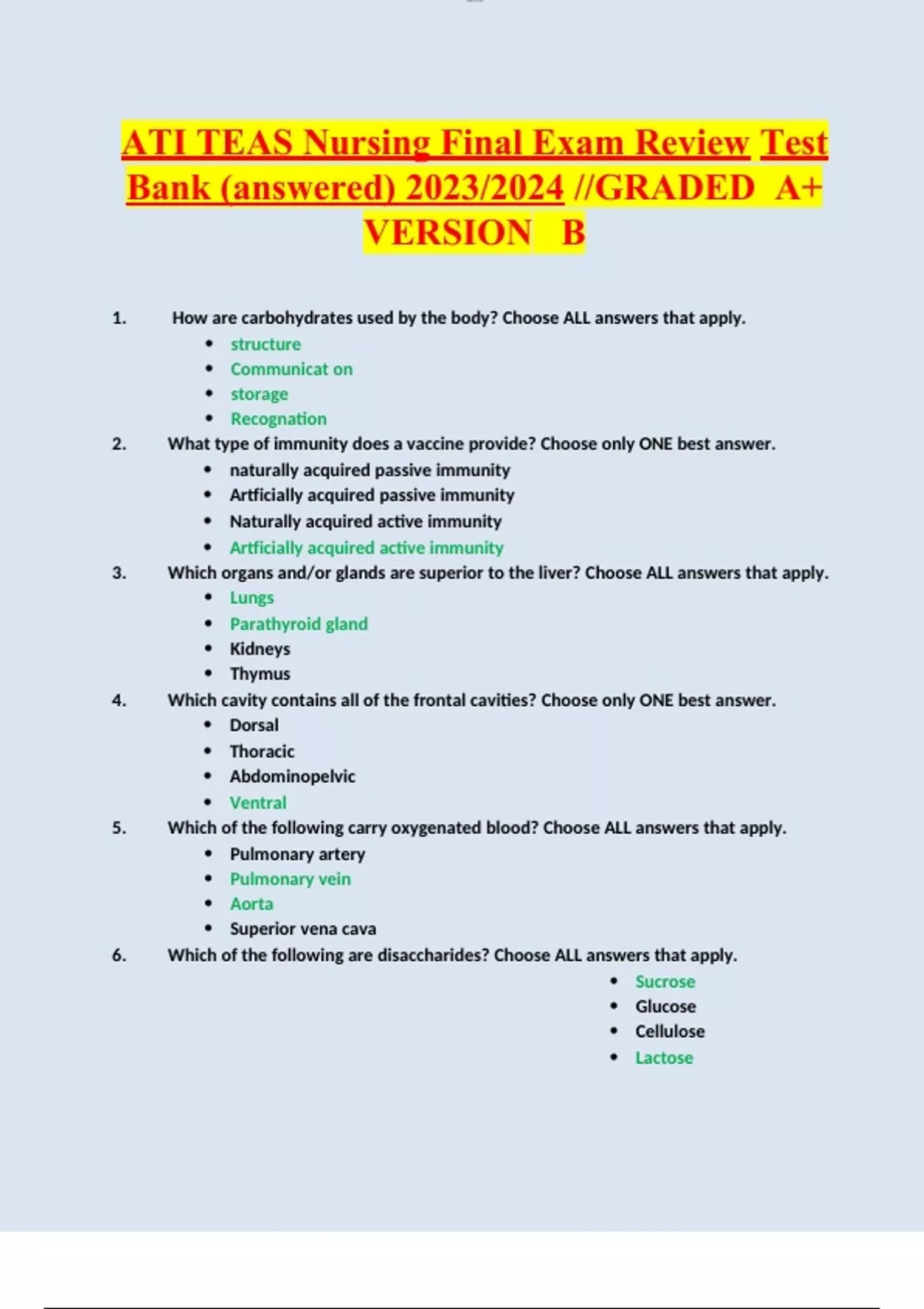 ATI TEAS Nursing Final Exam Review Test Bank (answered) GRADE A+.docx ...