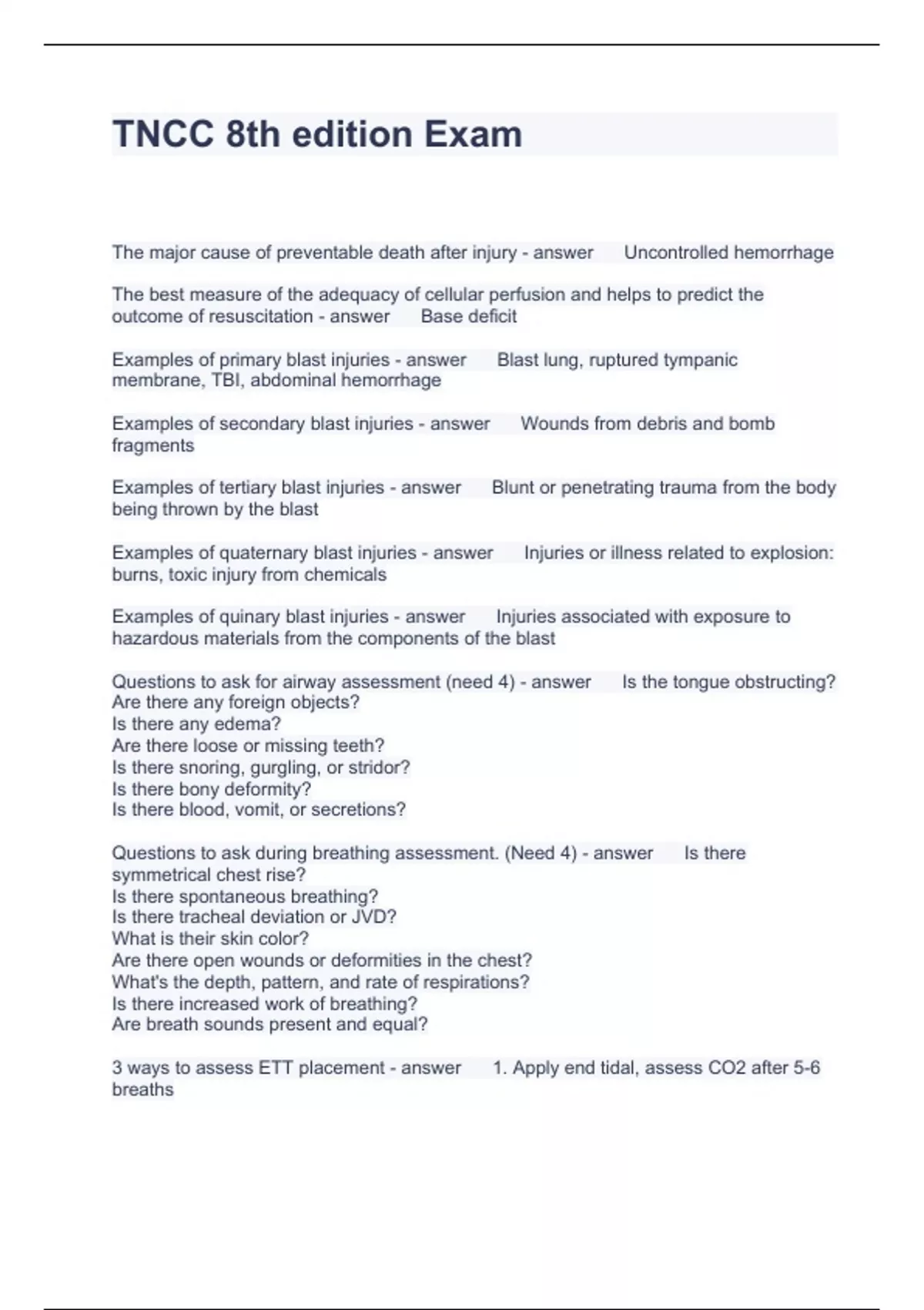 TNCC 8th edition Exam Questions and Answers 2024 - TNCC - Stuvia US