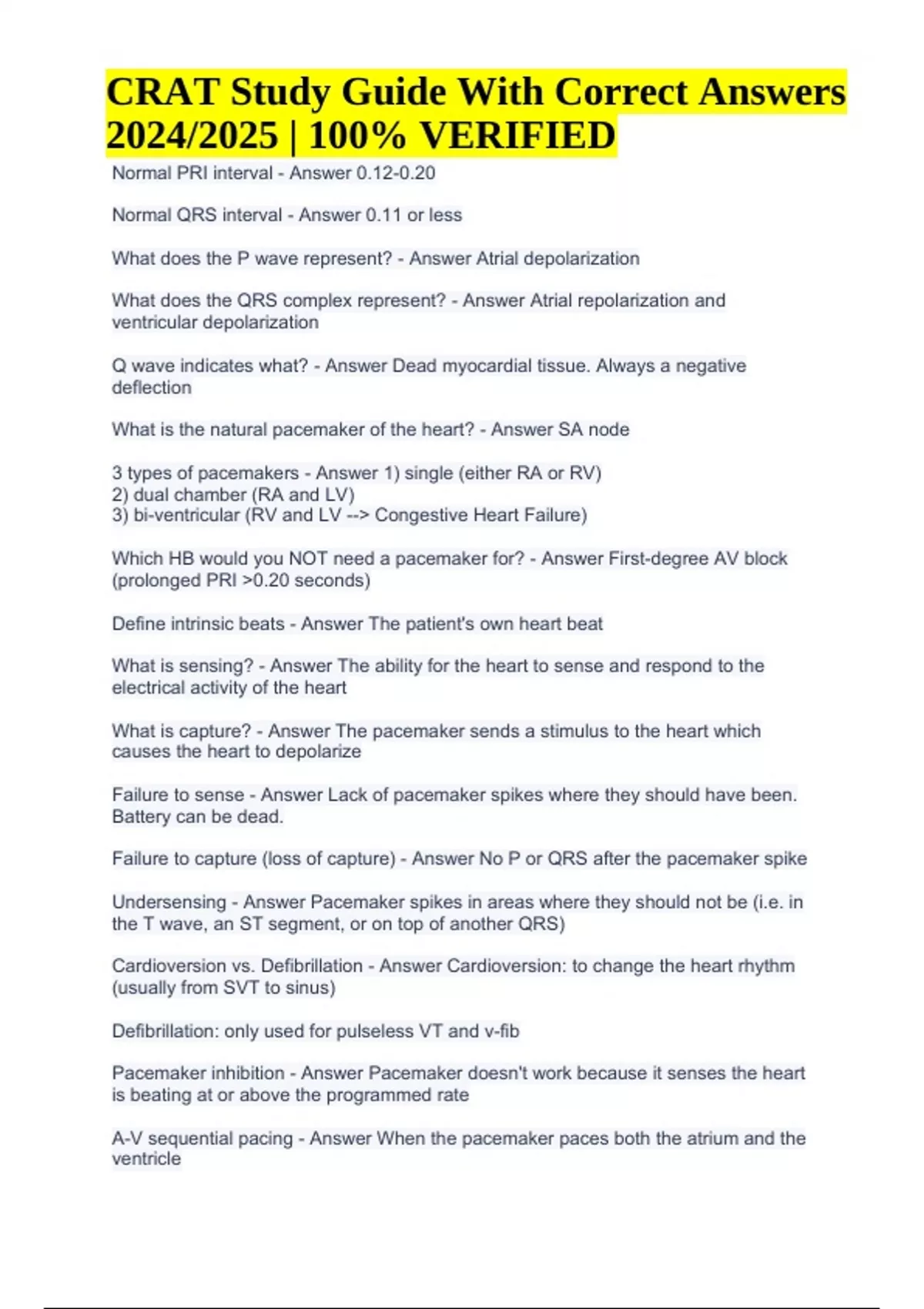 CRAT Exam Questions With Correct Answers Latest 2024/2025 (100% ...