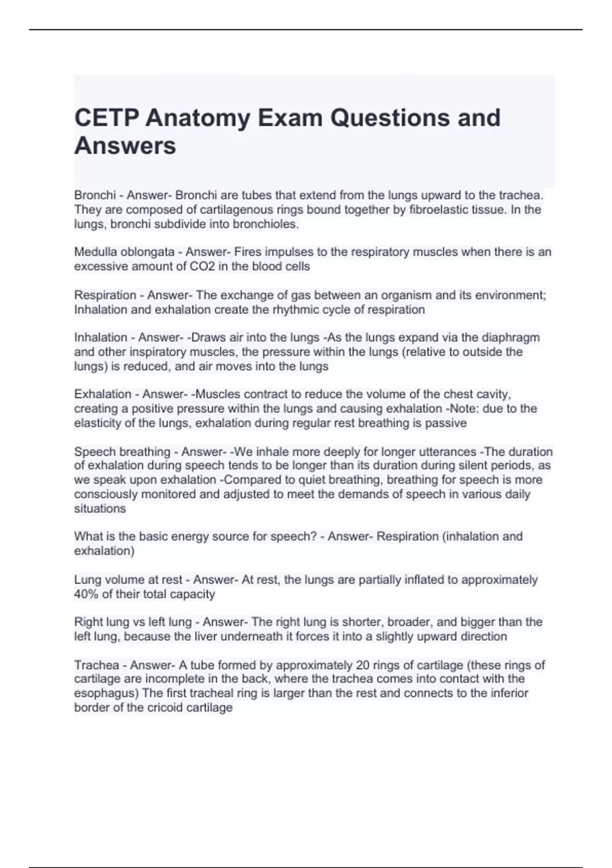 CETP Anatomy Exam Questions and Answers 2024 - CETP - Stuvia US