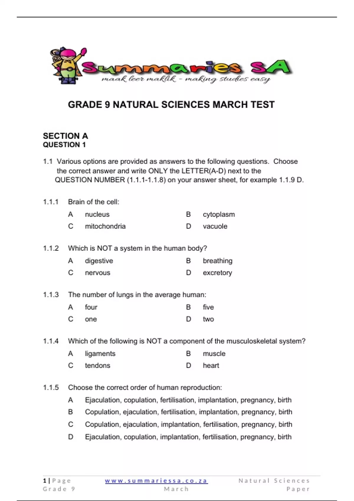 Grade 9 Natural Sciences (NS) March Paper and Memo - 2024 - Natural ...