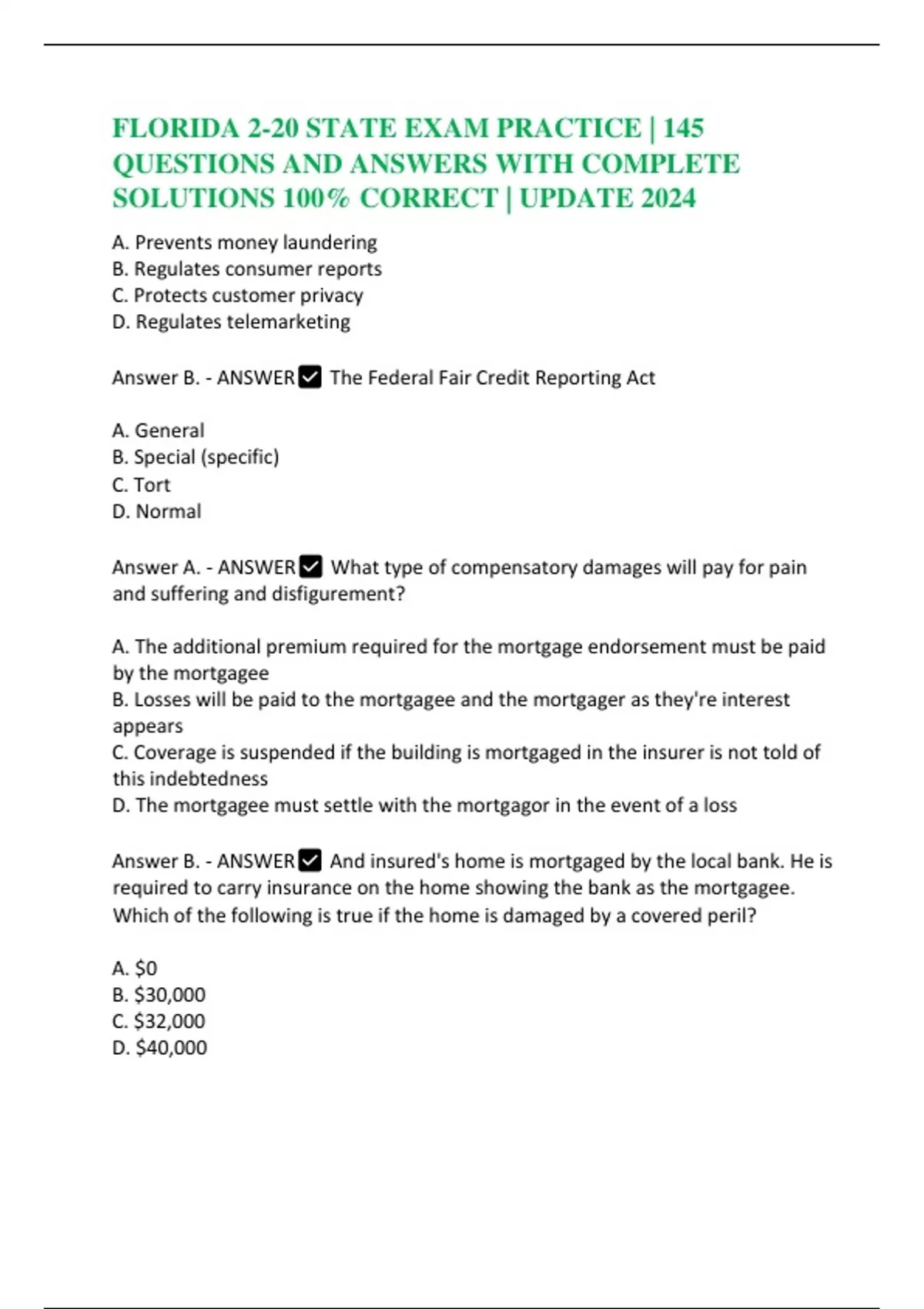 FLORIDA 2-20 STATE EXAM PRACTICE | 145 QUESTIONS AND ANSWERS WITH ...