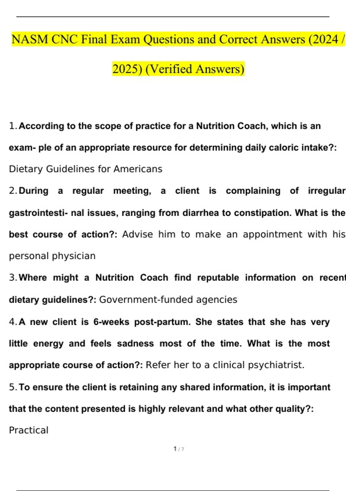 NASM CNC Final Exam Questions and Answers (2024 / 2025) (Verified Answers) - NASM CNC - Stuvia US