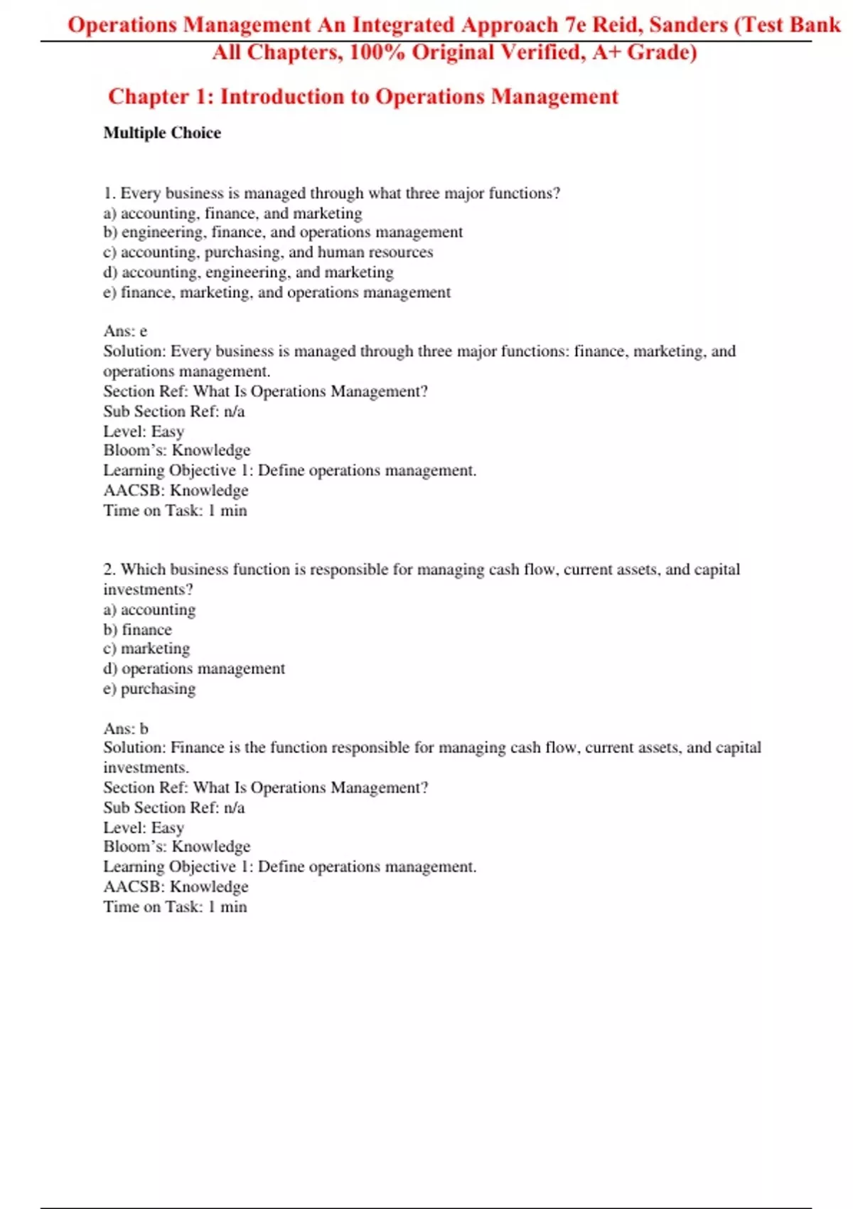 Test Bank For Operations Management An Integrated Approach 7th Edition ...