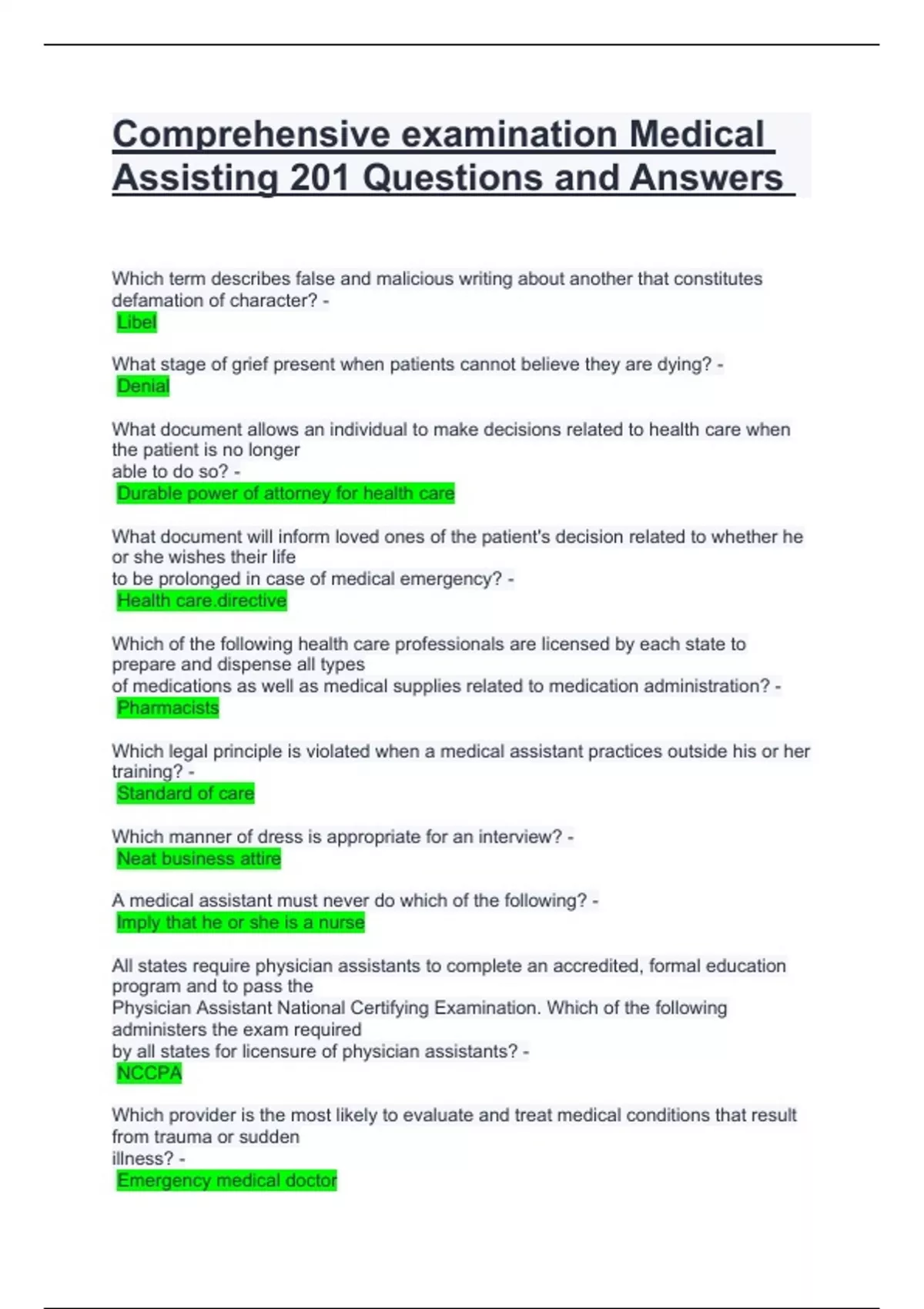 Comprehensive examination Medical Assisting 201 Questions and Answers ...