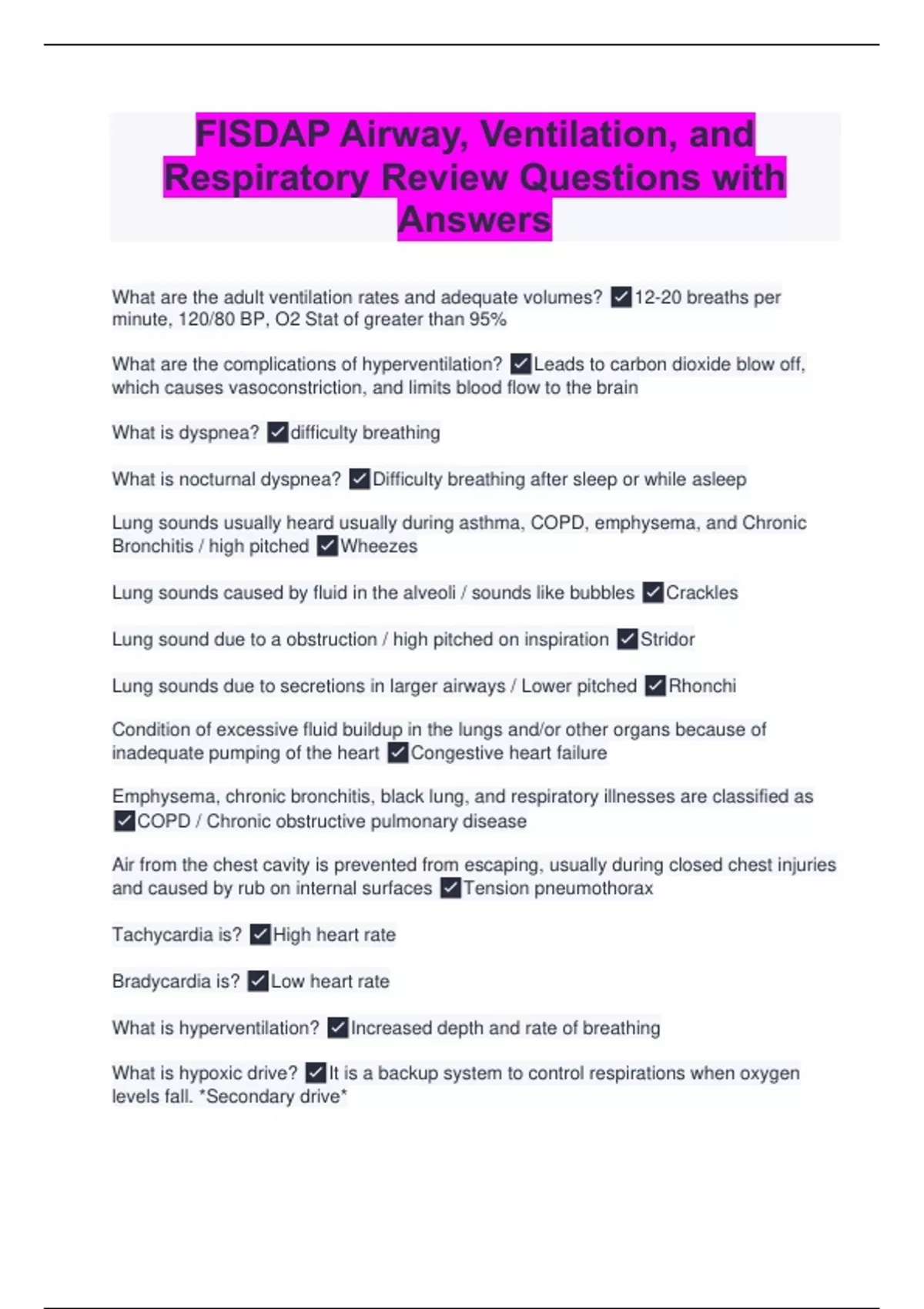 FISDAP Airway, Ventilation, and Respiratory Review Questions with Answers - FISDAP - Stuvia US