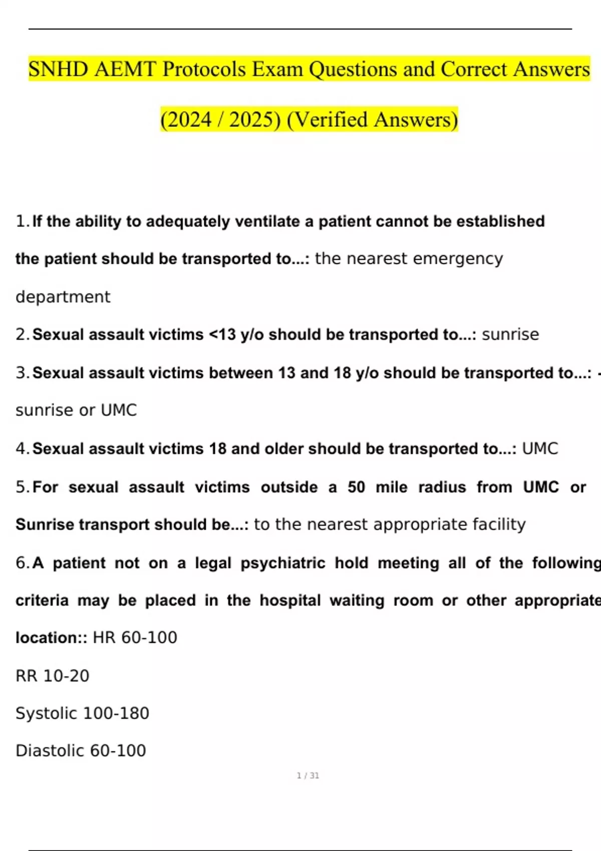 SNHD AEMT Protocols Exam Questions and Answers (2024 / 2025) (Verified ...