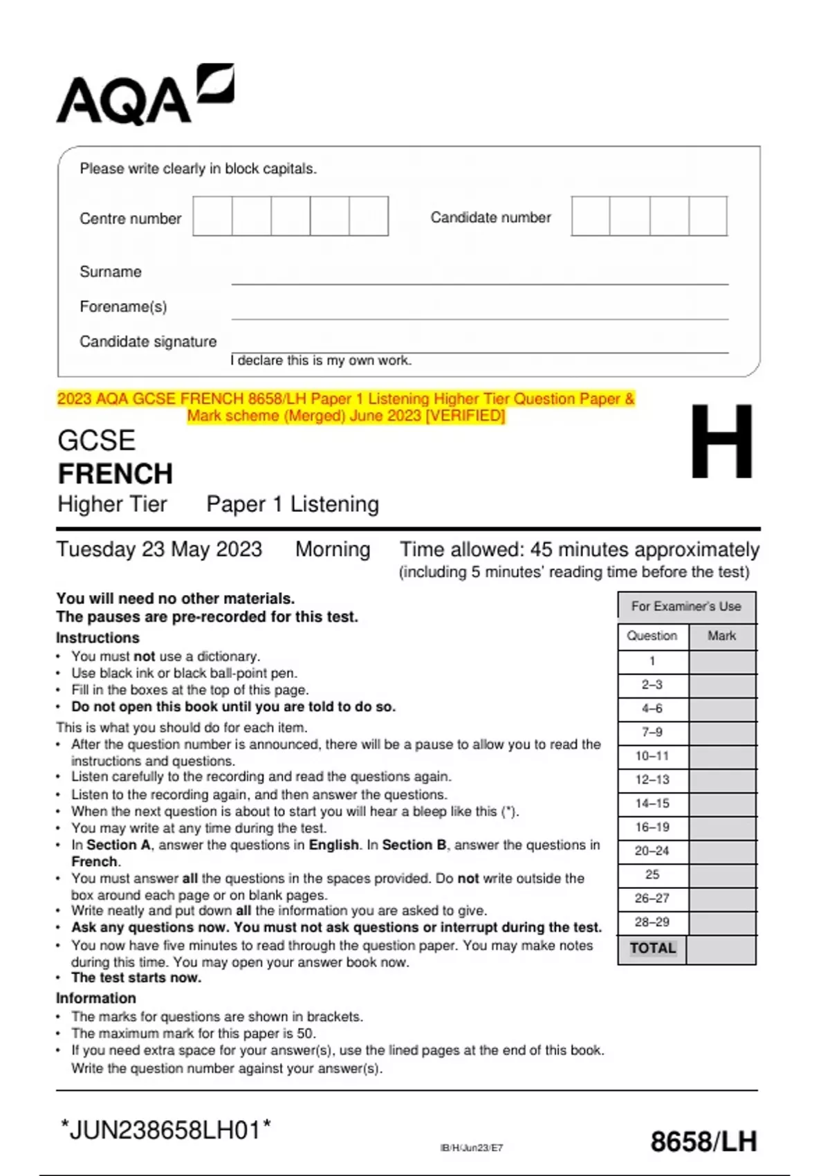 2023 AQA GCSE FRENCH 8658/LH Paper 1 Listening Higher Tier Question ...