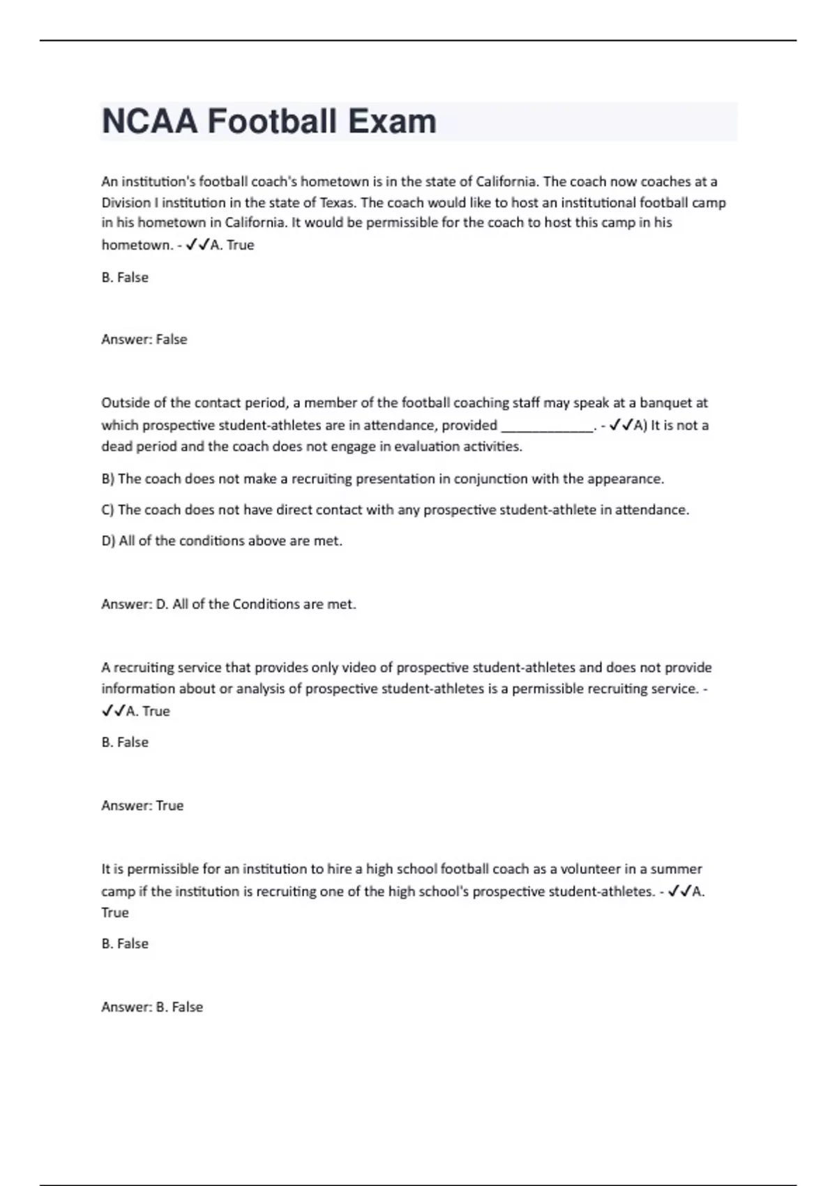 NCAA Football Exam Questions and Answers with complete - NCAA Football ...