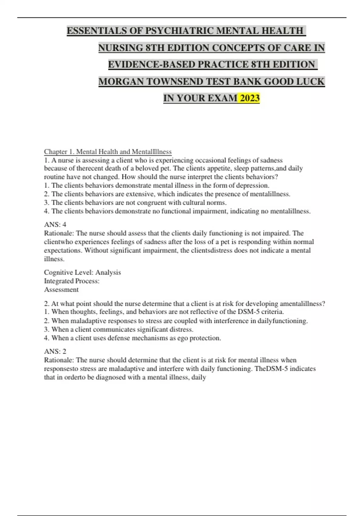 ESSENTIALS OF PSYCHIATRIC MENTAL HEALTH NURSING 8TH EDITION CONCEPTS OF ...