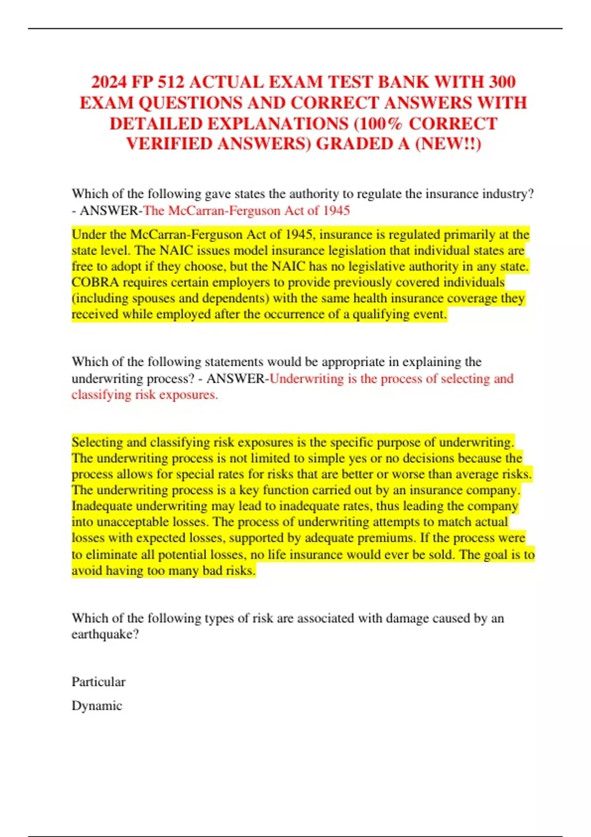 2024 FP 512 ACTUAL EXAM TEST BANK WITH 300 EXAM QUESTIONS AND CORRECT ...