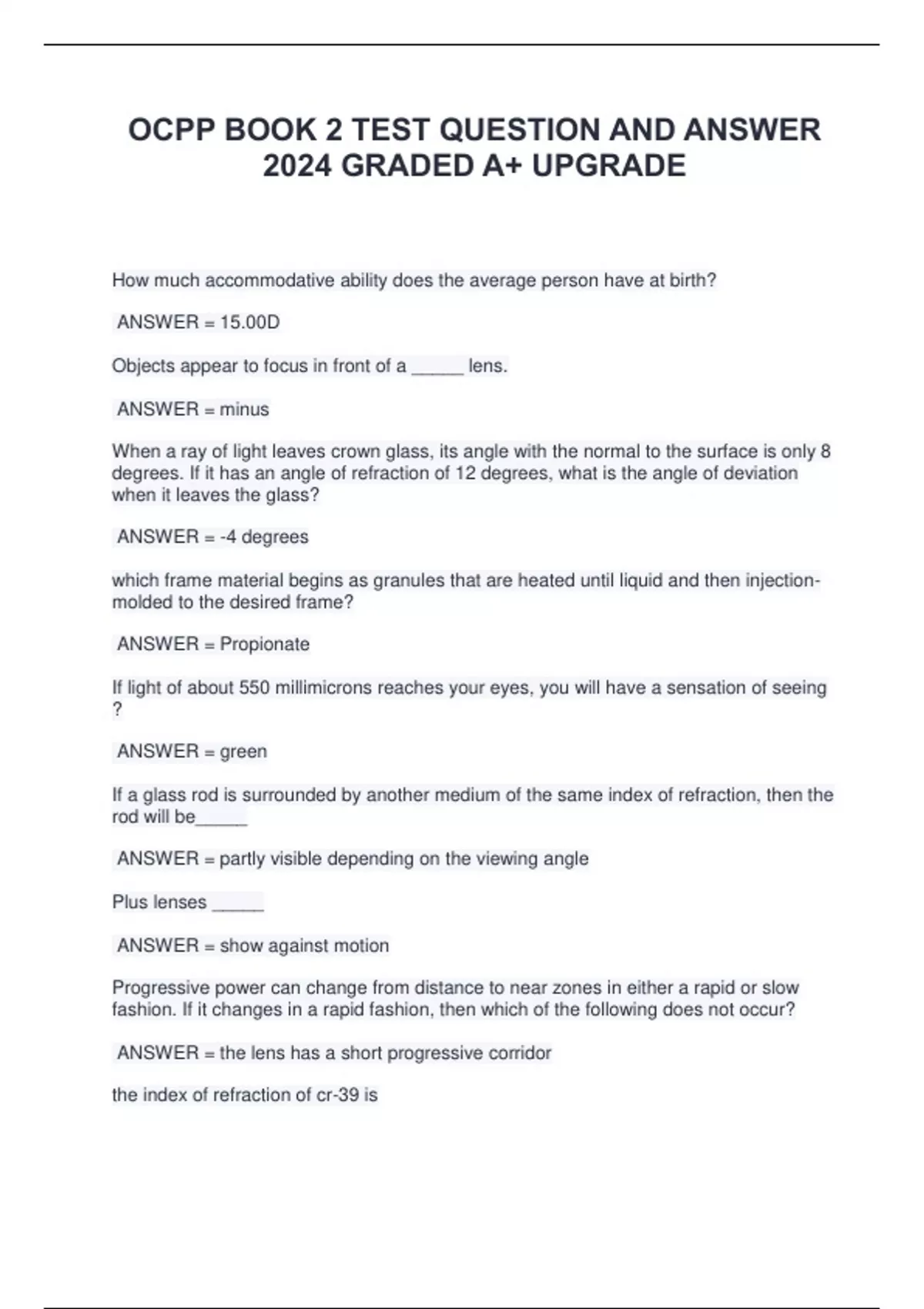 OCPP BOOK 2 TEST QUESTION AND ANSWER 2024 GRADED A+ UPGRADE - OCPP BOOK ...