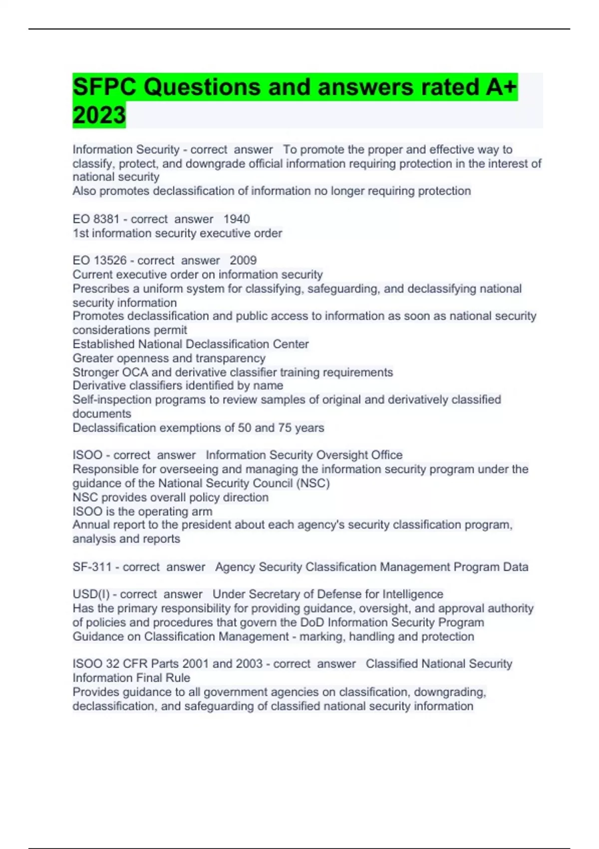SFPC Security Classification Guide Reviewed Exam Questions and Answers 2023/2024 - Sfpc - Stuvia US