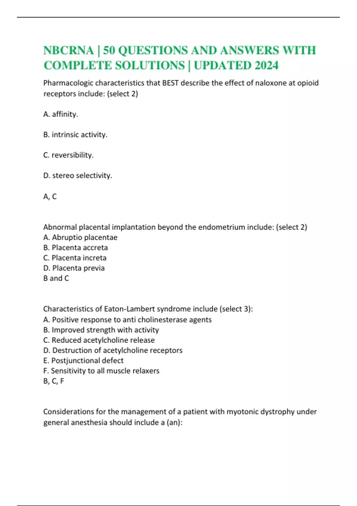 NBCRNA | 50 QUESTIONS AND ANSWERS WITH COMPLETE SOLUTIONS | UPDATED ...