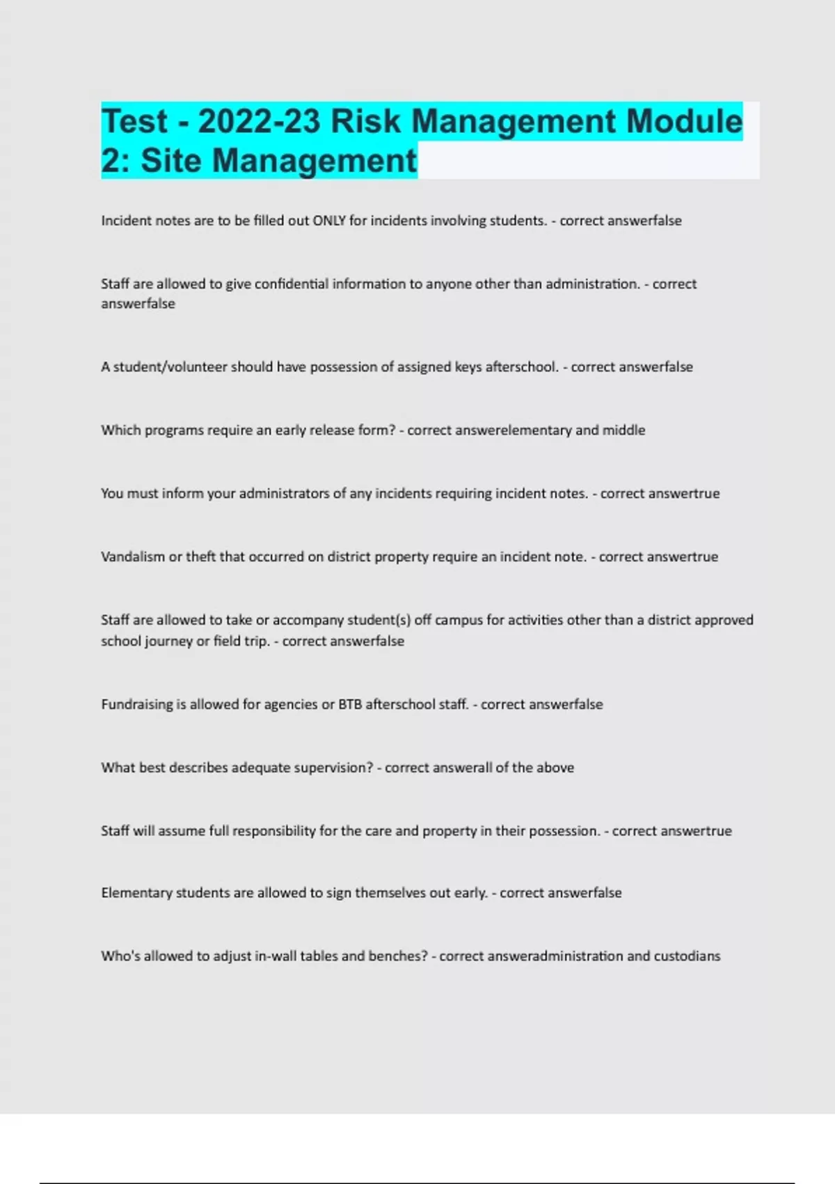 Test - 2022-23 Risk Management Module 2 Site Management Questions and ...