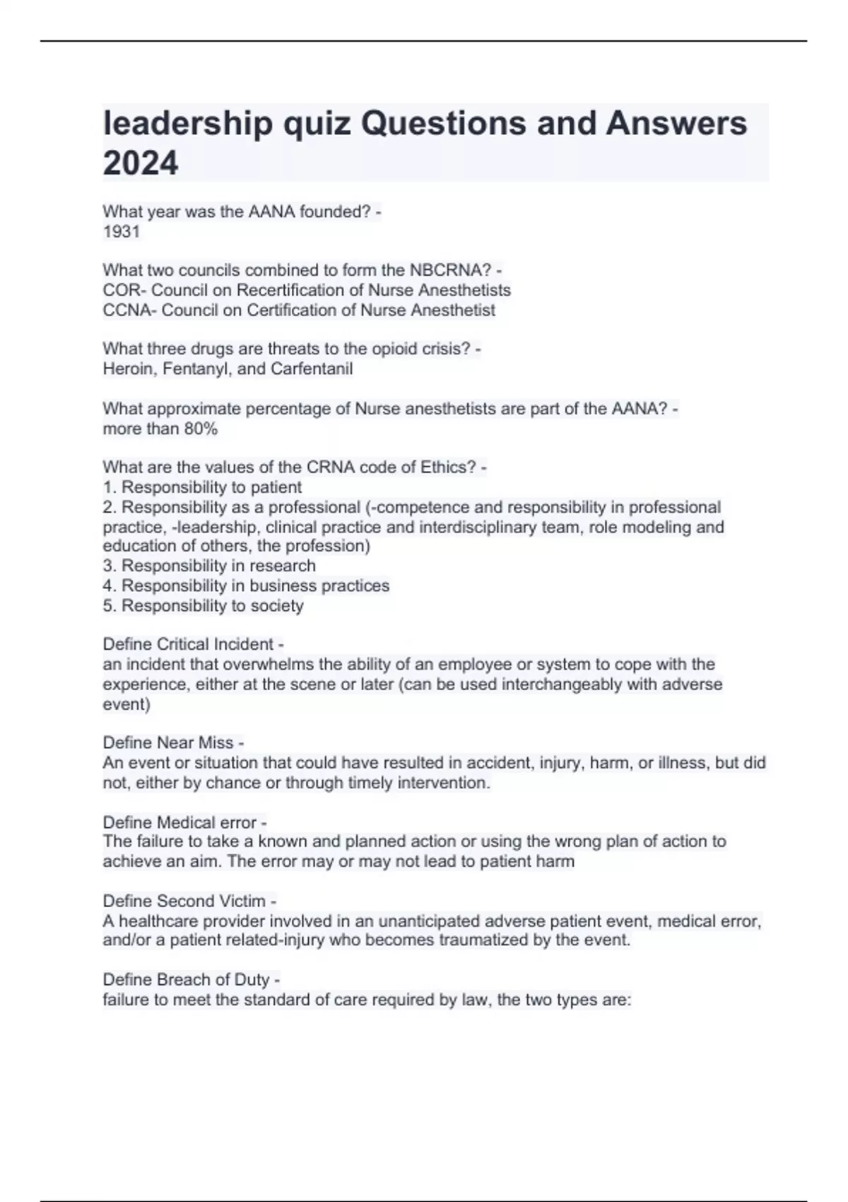 leadership quiz Questions and Answers 2024 - Nursing - Stuvia US
