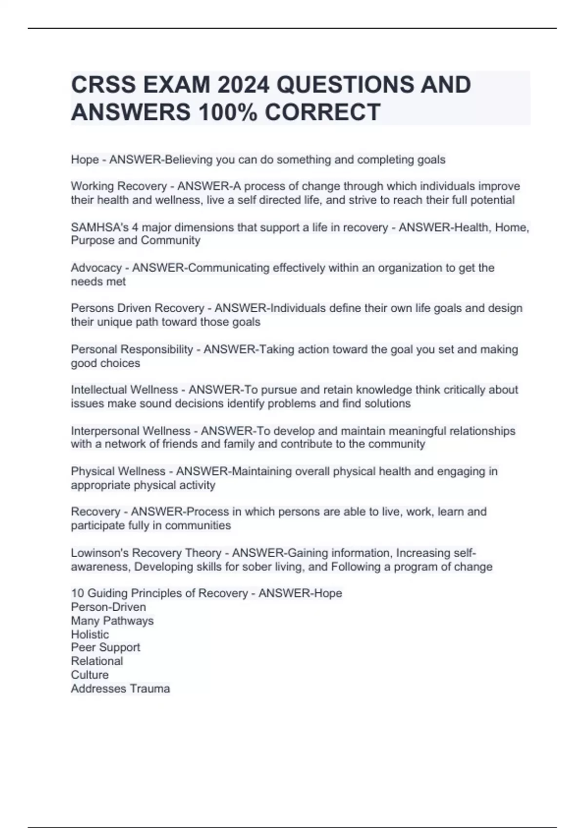 CRSS EXAM 2024 QUESTIONS AND ANSWERS 100% CORRECT - CRSS - Stuvia US