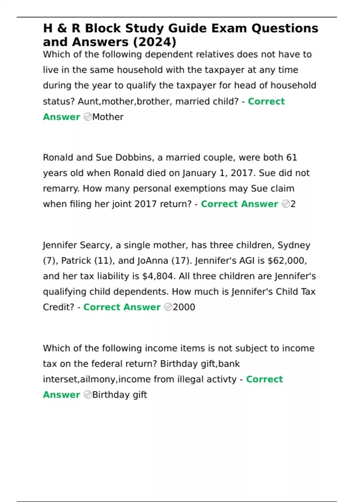 H & R Block Study Guide Exam Questions and Answers (2024) - H & R Block ...