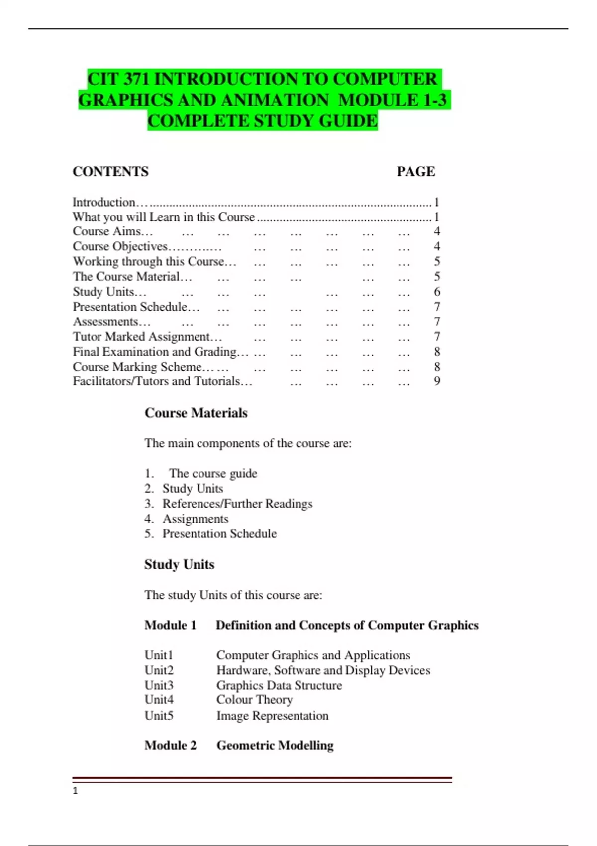 CIT 371 INTRODUCTION TO COMPUTER GRAPHICS AND ANIMATION MODULE 1-3 COMPLETE STUDY GUIDE ...
