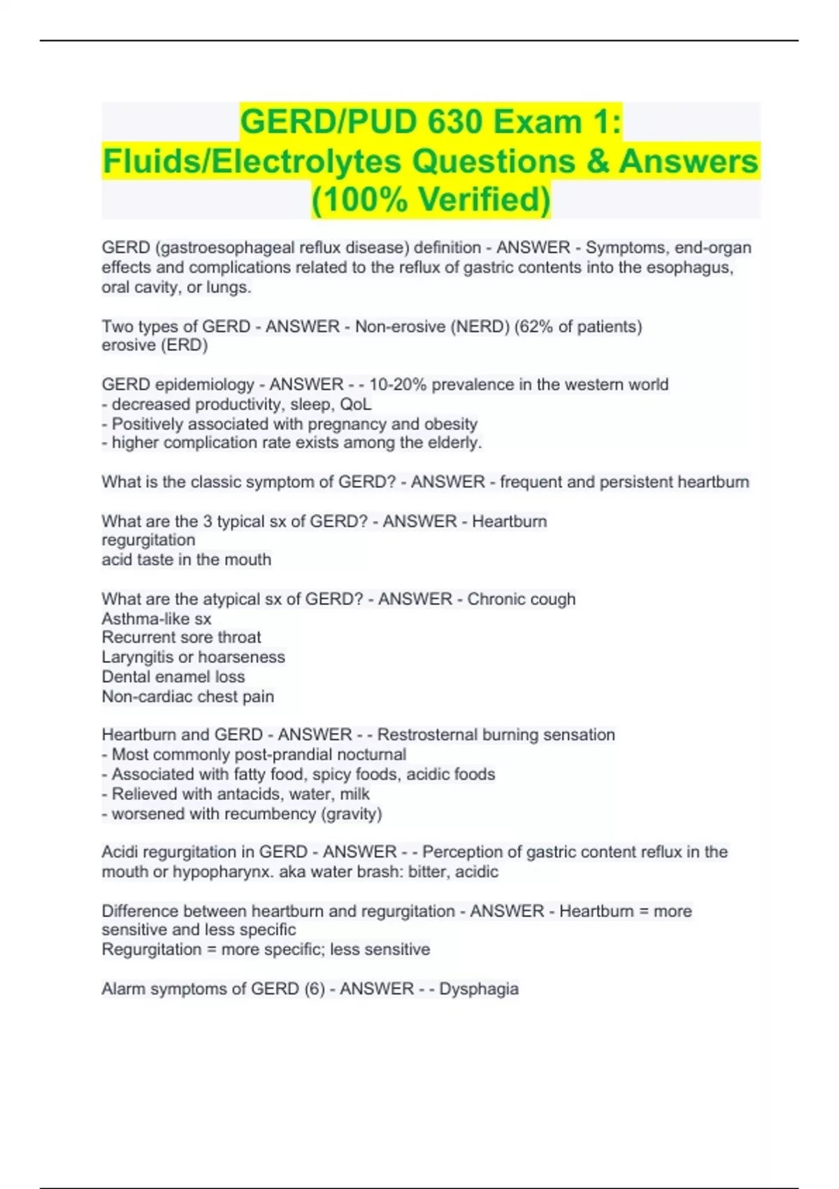 GERD/PUD 630 Exam 1: Fluids/Electrolytes Questions & Answers (100% ...