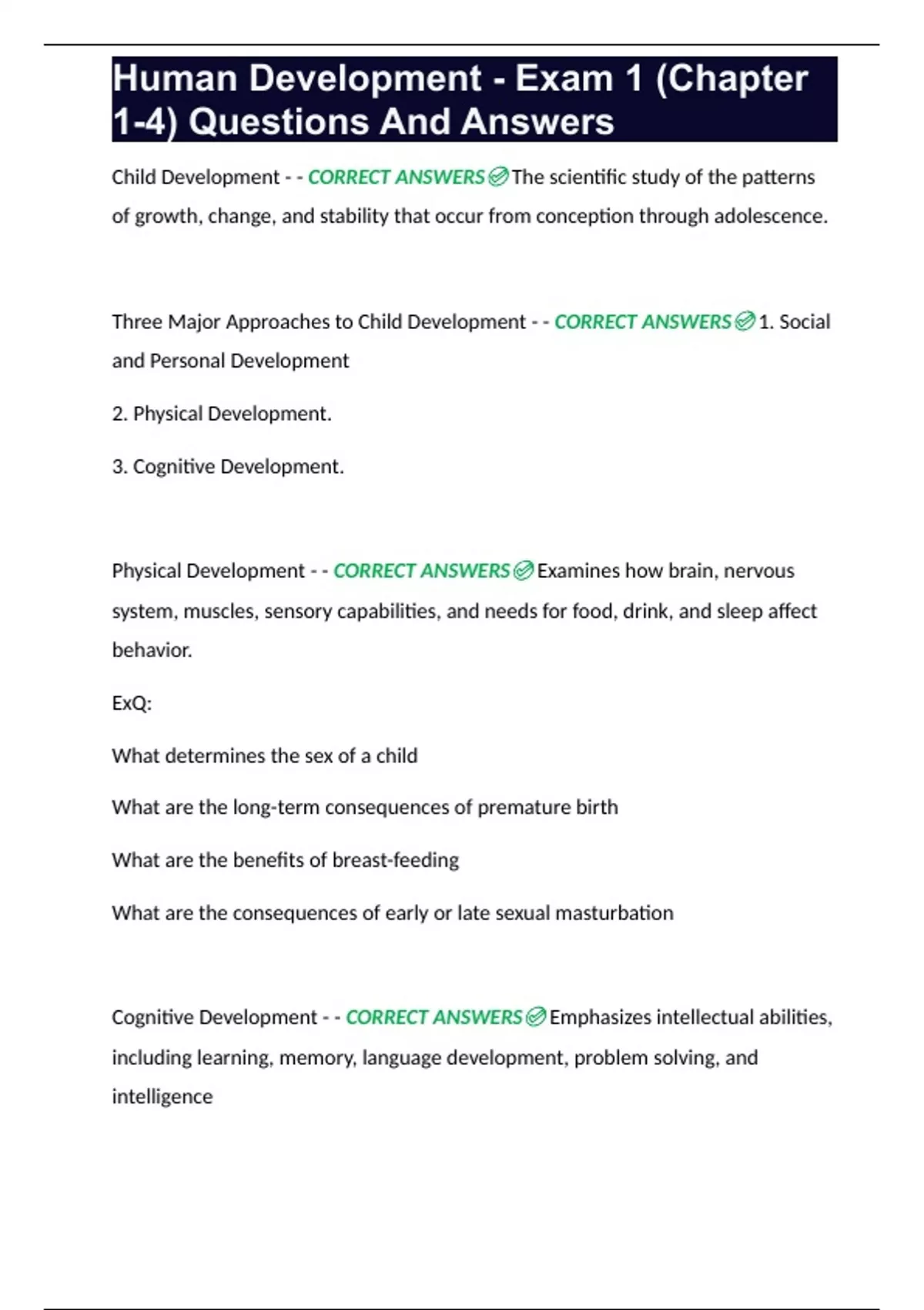 Human Development - Exam 1 (Chapter 1-4) Questions And Answers - Human Development - Quest ...