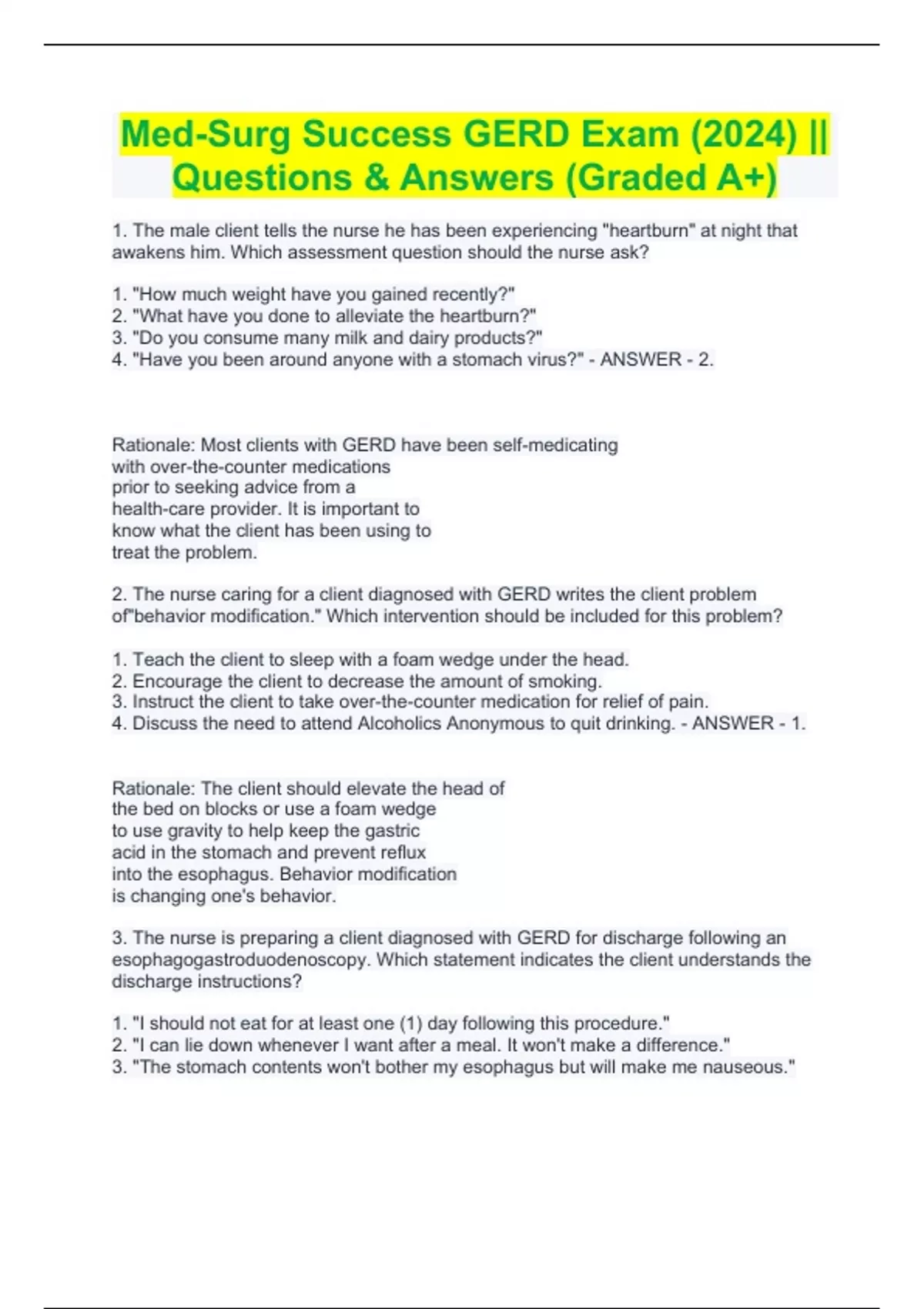 Med-Surg Success GERD Exam (2024) || Questions & Answers (Graded A+ ...