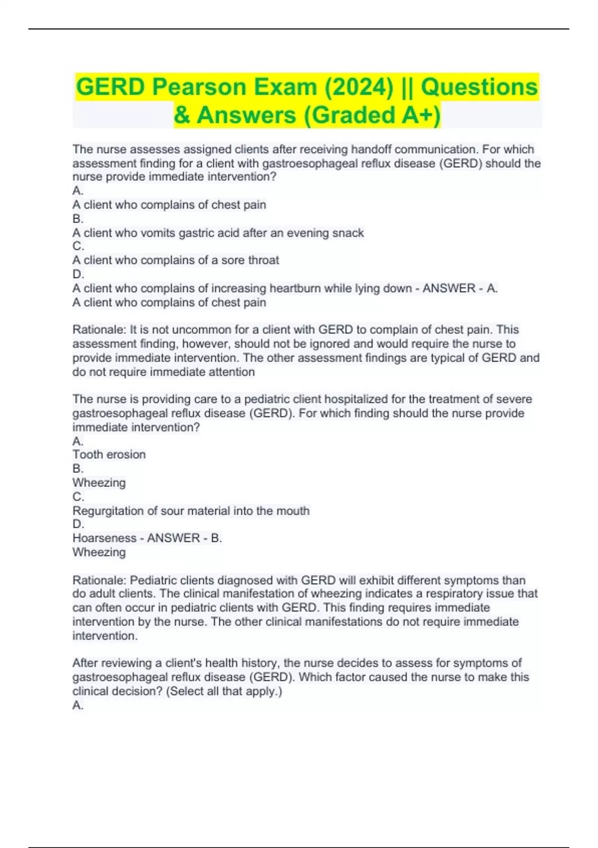 GERD Pearson Exam (2024) || Questions & Answers (Graded A+ ...