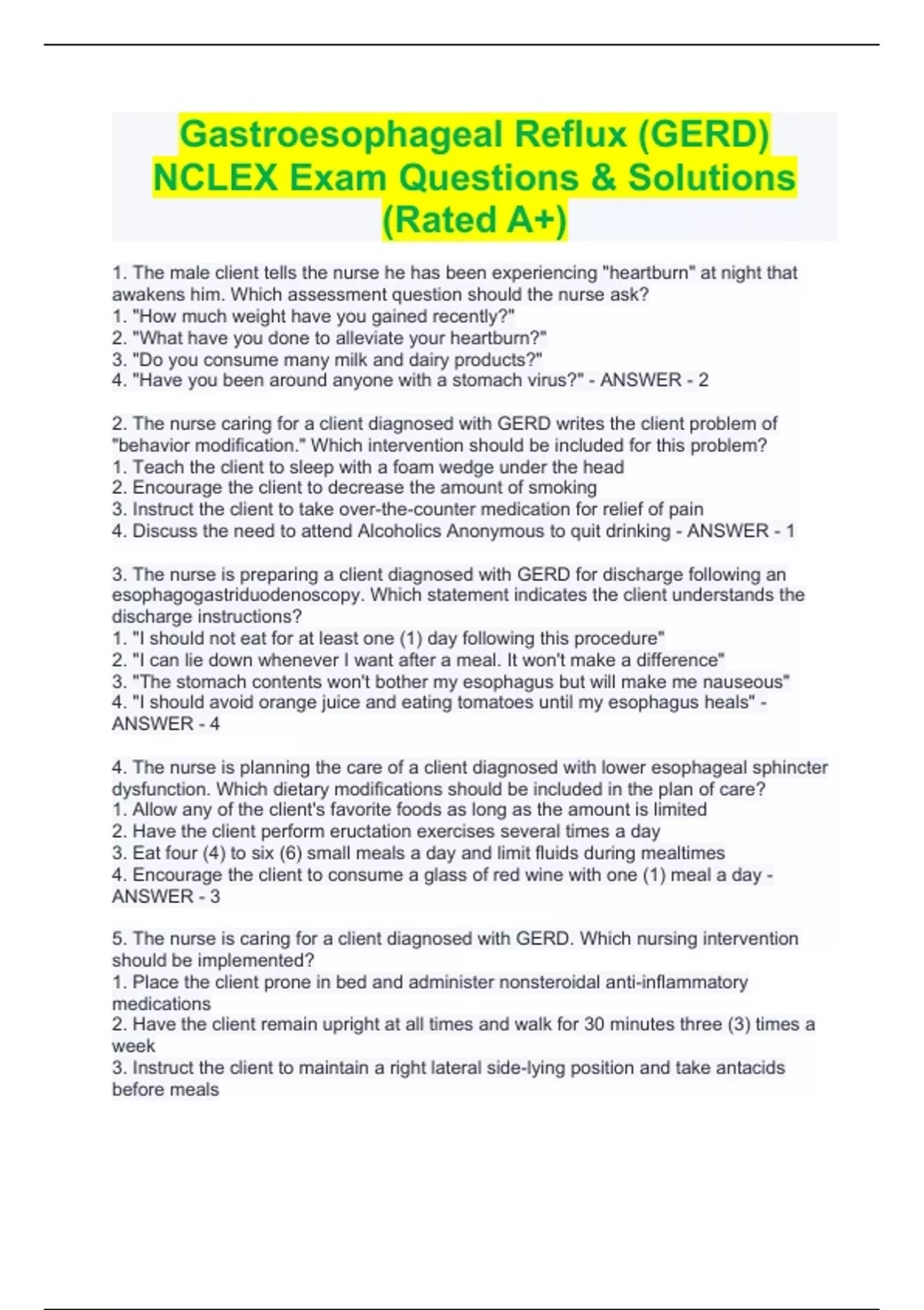 Gastroesophageal Reflux (GERD) NCLEX Exam Questions & Solutions (Rated ...