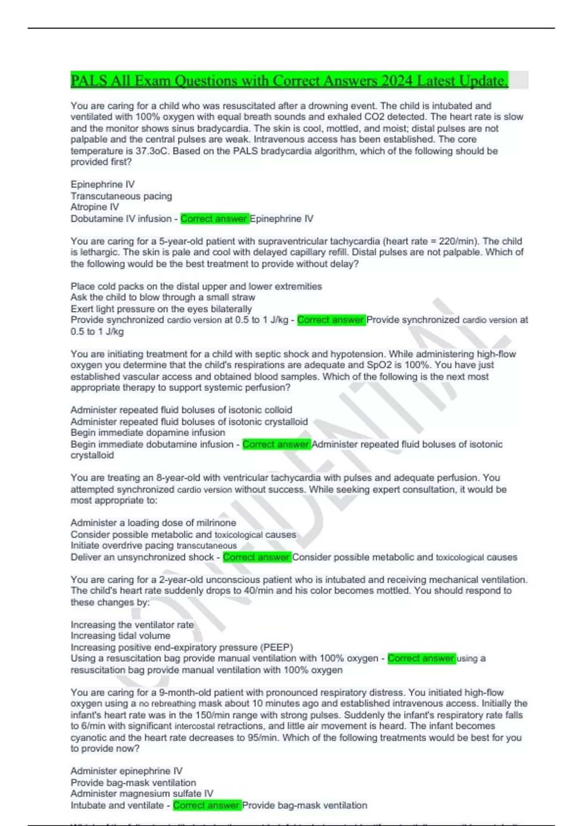 PALS All Exam Questions with Correct Answers 2024 Latest Update - PALS ...