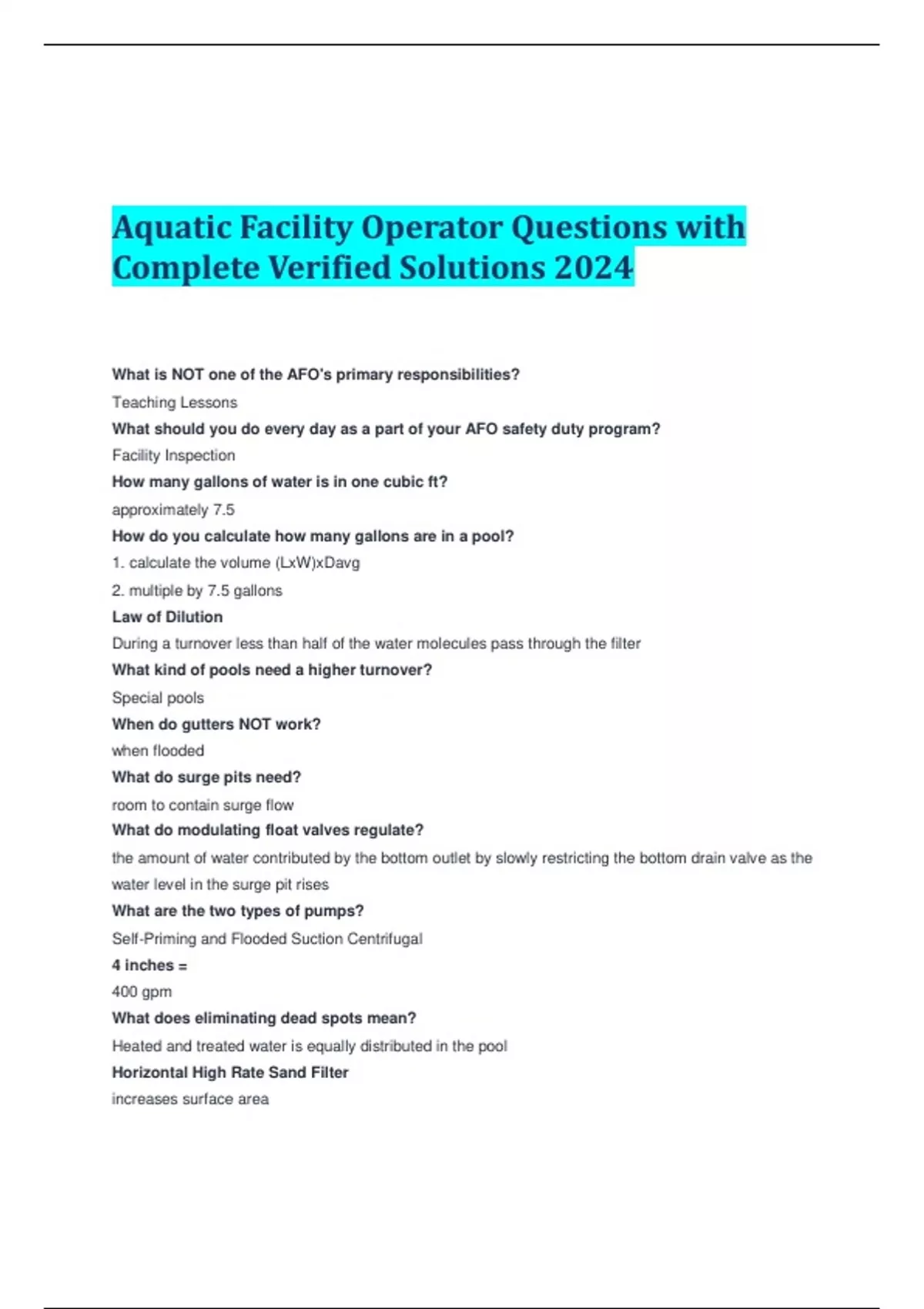 Aquatic Facility Operator Questions with Complete Verified Solutions ...