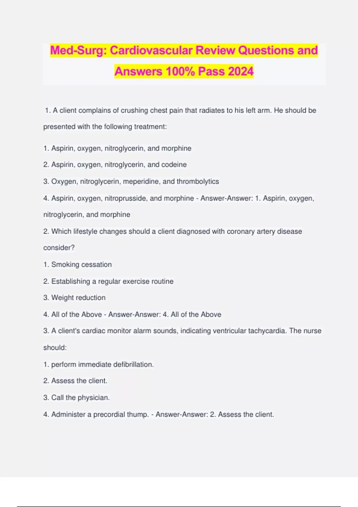 Med-Surg: Cardiovascular Review Questions and Answers 100% Pass 2024 ...