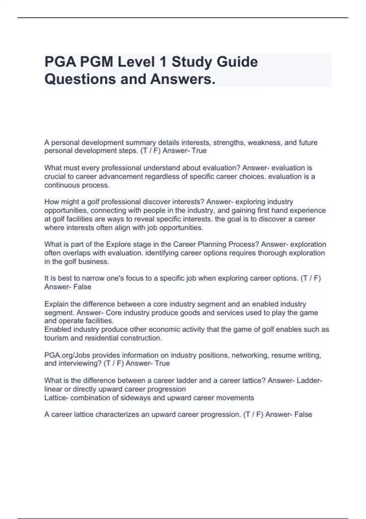 PGA PGM Level 1 Study Guide Questions and Answers - PGA PGM - Stuvia US