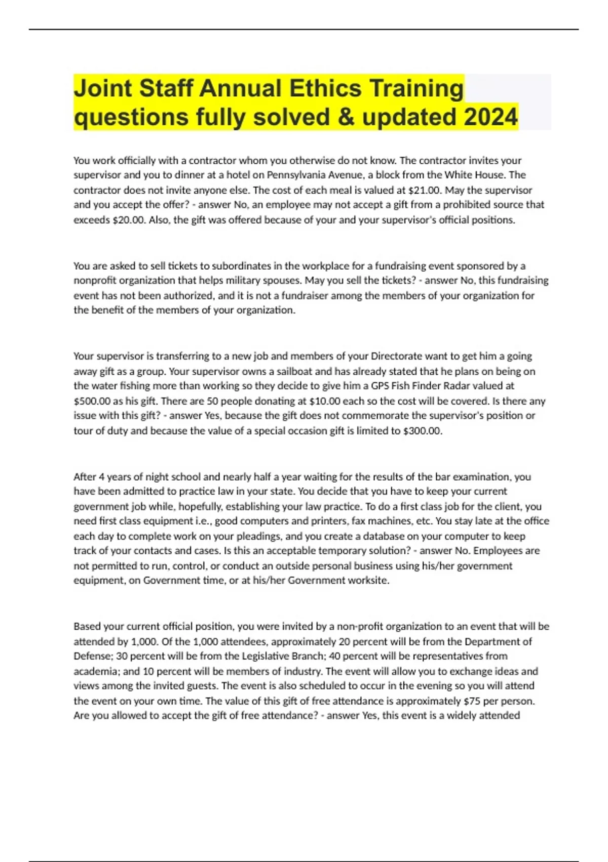 Joint Staff Annual Ethics Training questions fully solved & updated ...