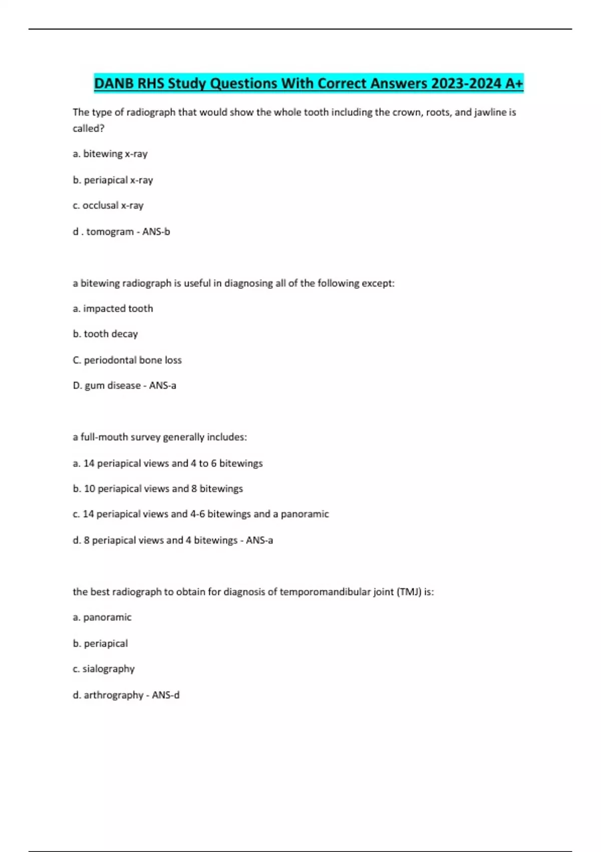DANB RHS Study Questions With Correct Answers A+ - DANB RHS - Stuvia US