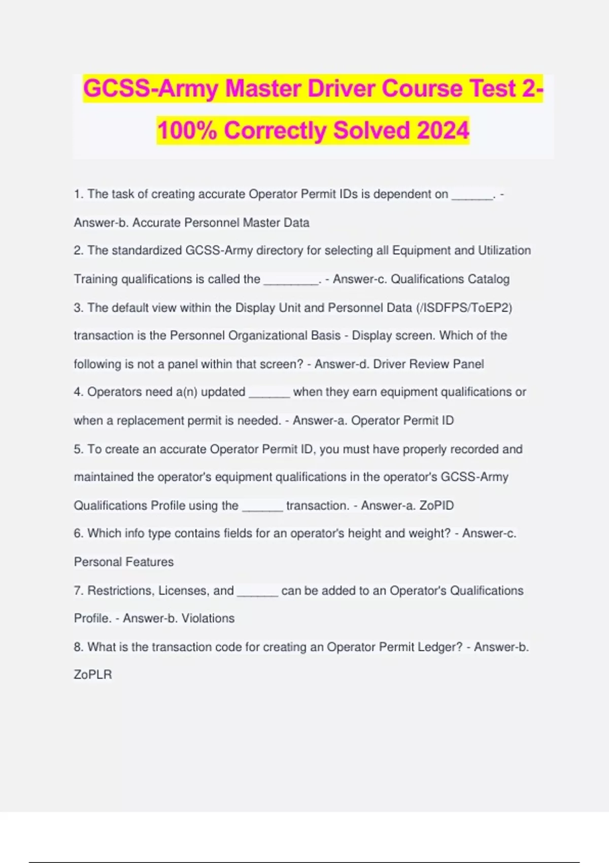 GCSS-Army Master Driver Course Test 2- 100% Correctly Solved 2024 ...