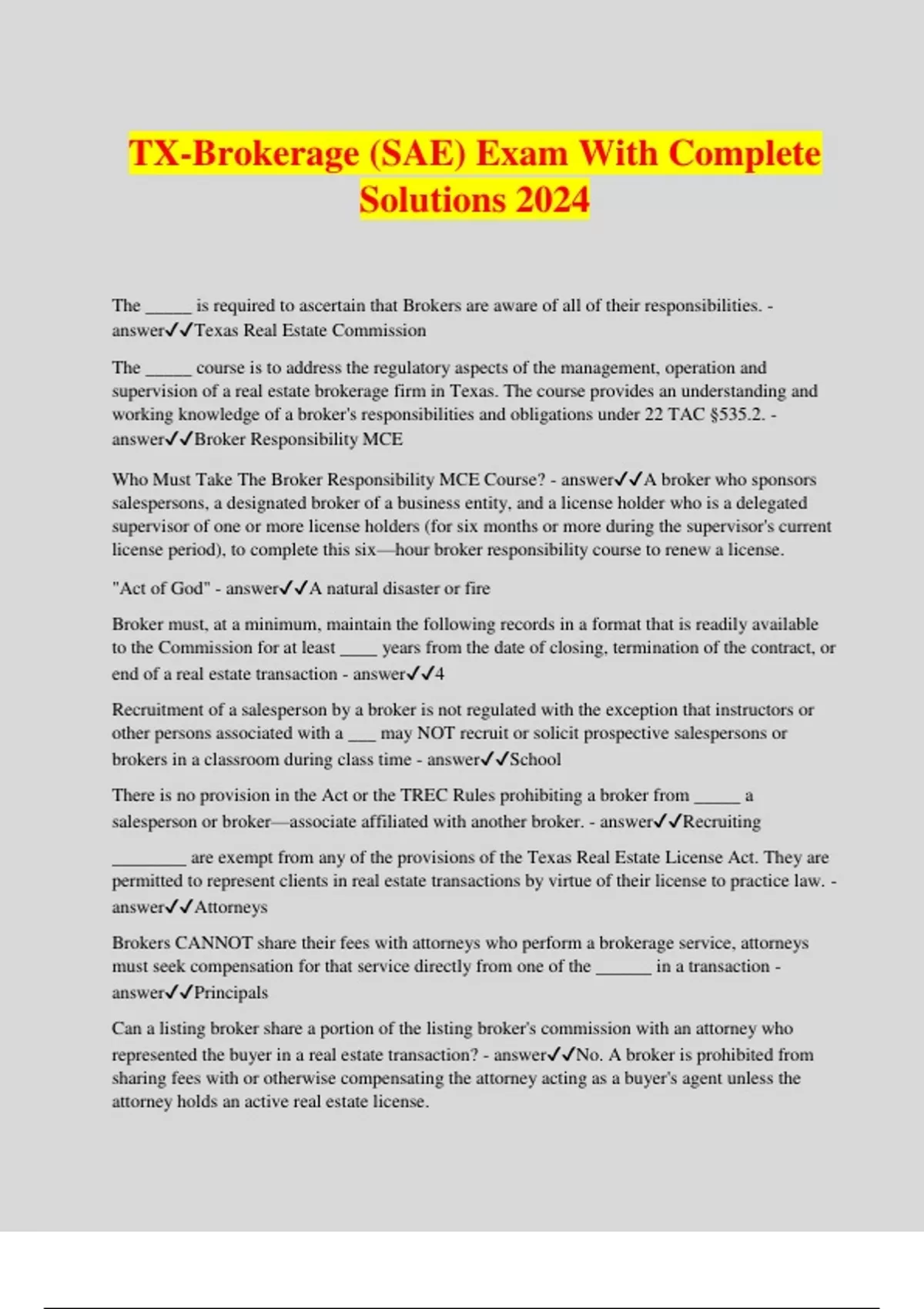 TX-Brokerage (SAE) Exam With Complete Solutions 2024 - TX-Brokerage ...