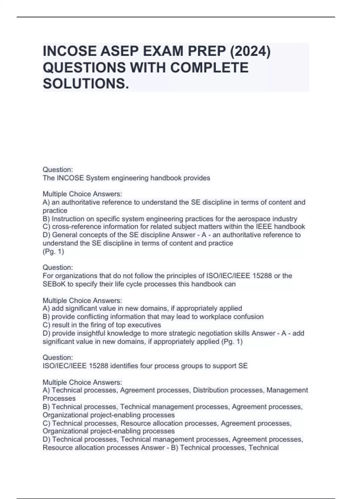 INCOSE ASEP EXAM PREP (2024) QUESTIONS WITH COMPLETE SOLUTIONS. - ASEP ...