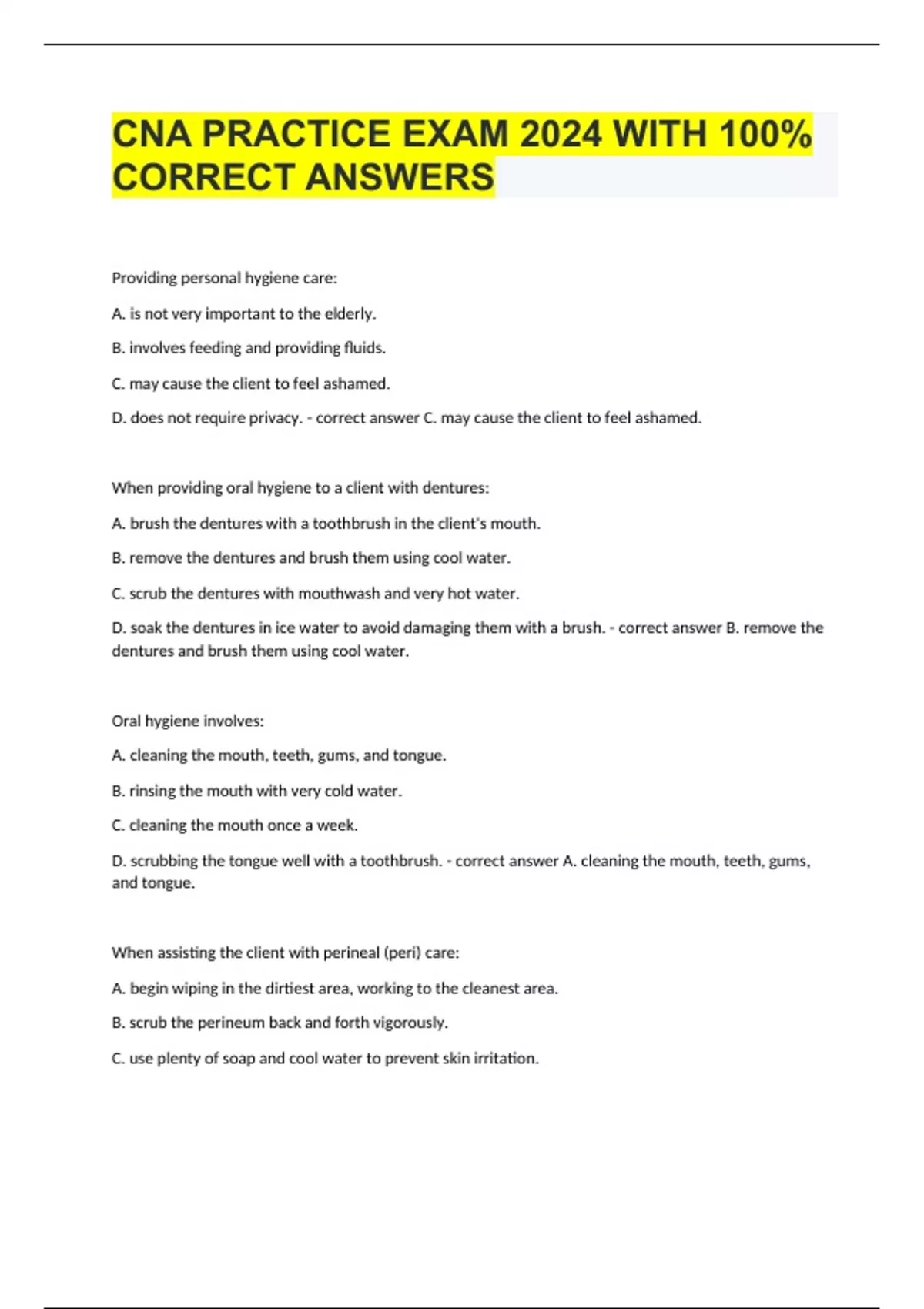 CNA PRACTICE EXAM 2024 WITH 100% CORRECT ANSWERS - CNA - Stuvia US