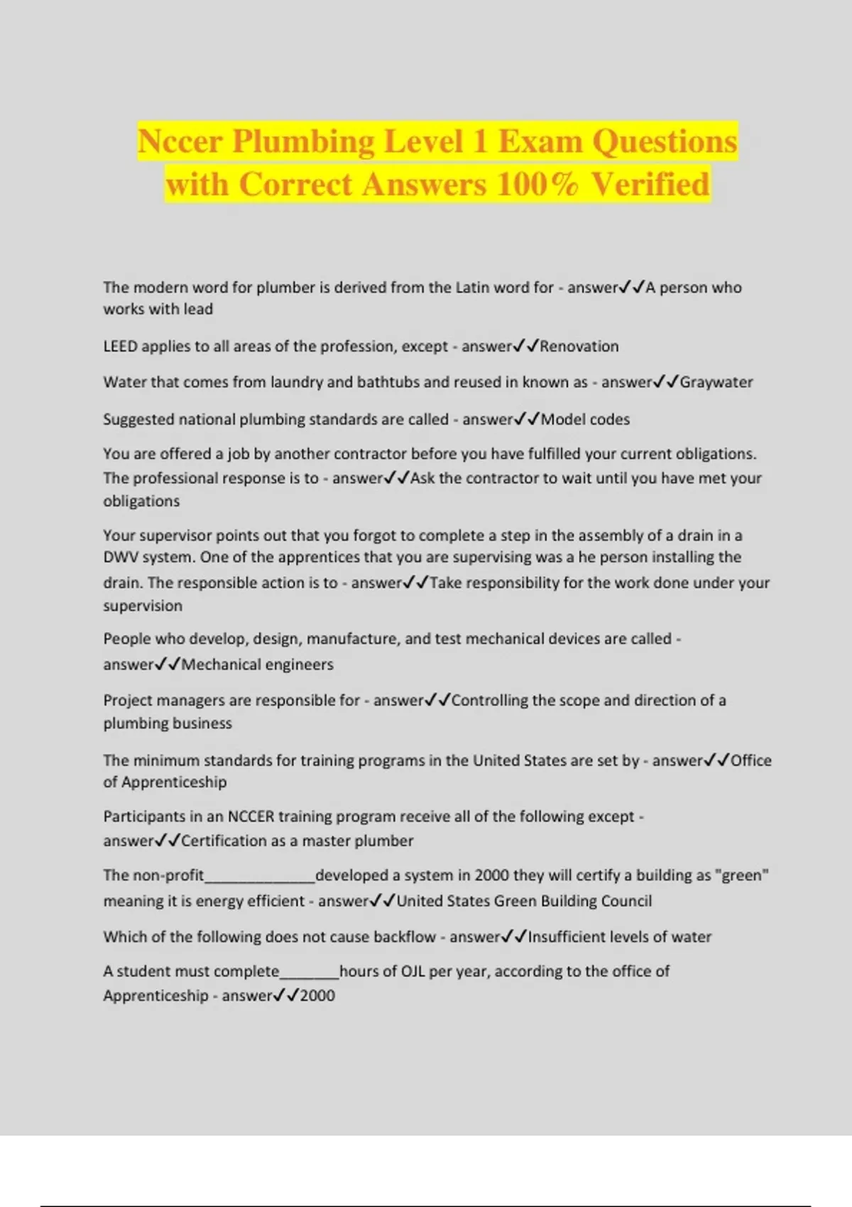 Nccer Plumbing Level 1 Exam Questions with Correct Answers 100% ...