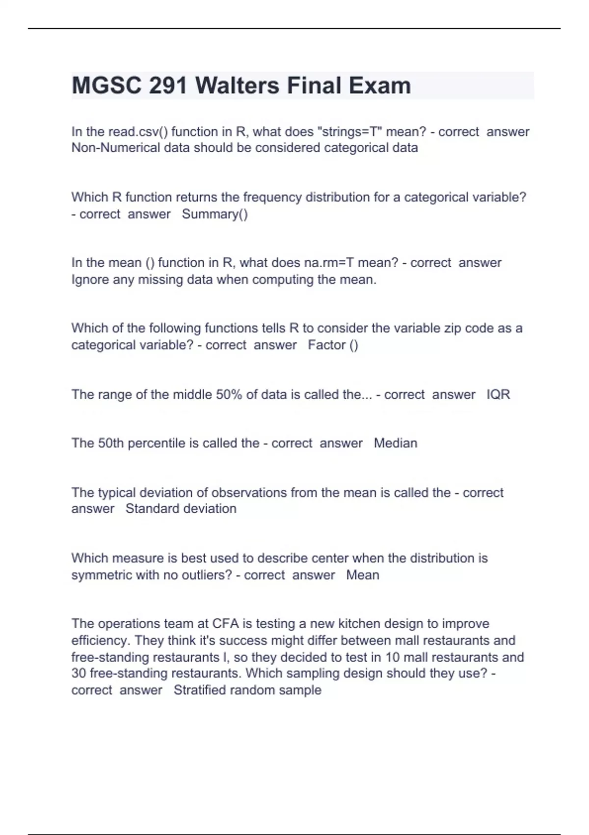 MGSC 291 Walters Final Exam Question and answers correctly solved 2024/2025 - MGSC - Stuvia US