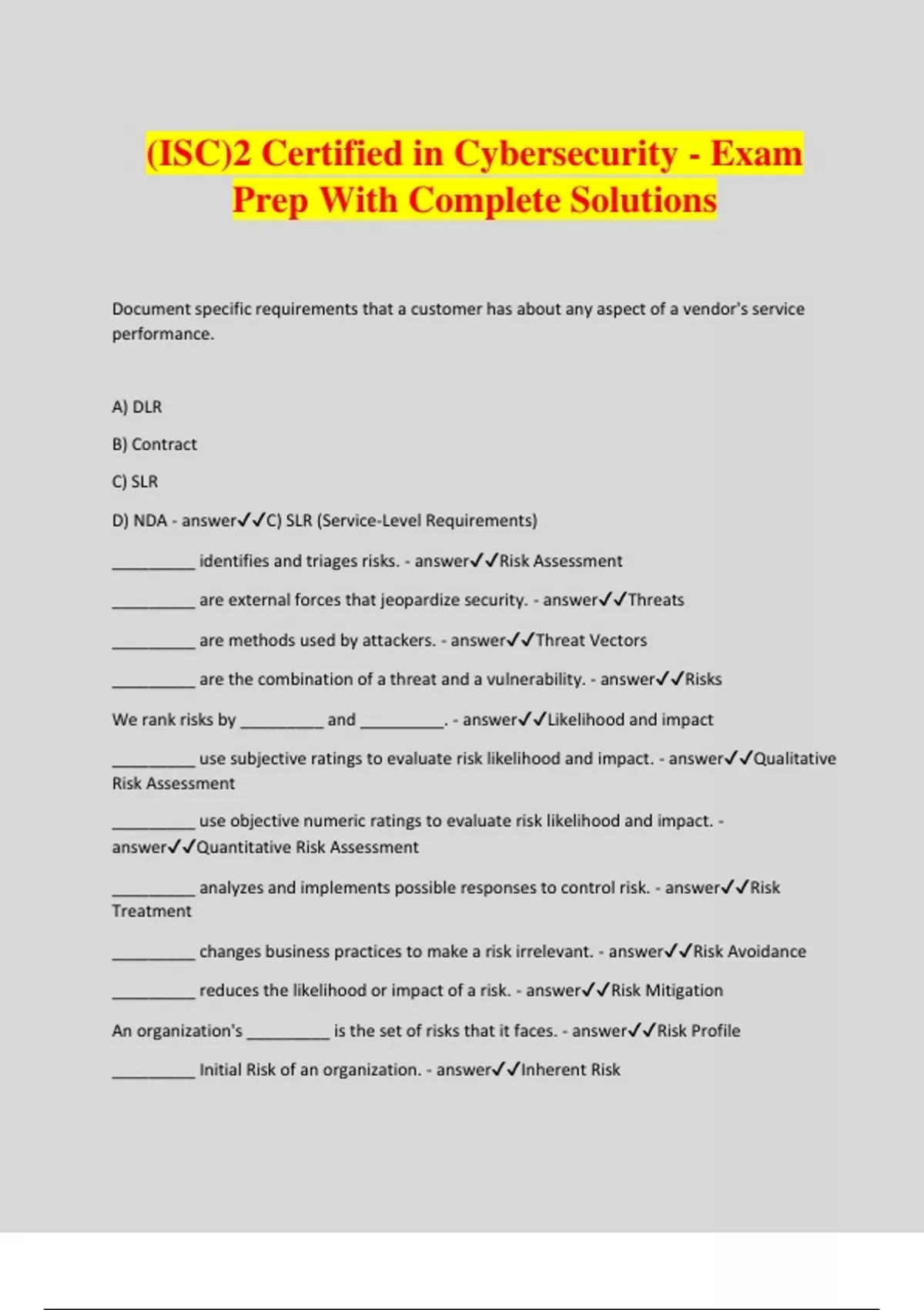 (ISC)2 Certified in Cybersecurity - Exam Prep With Complete Solutions ...