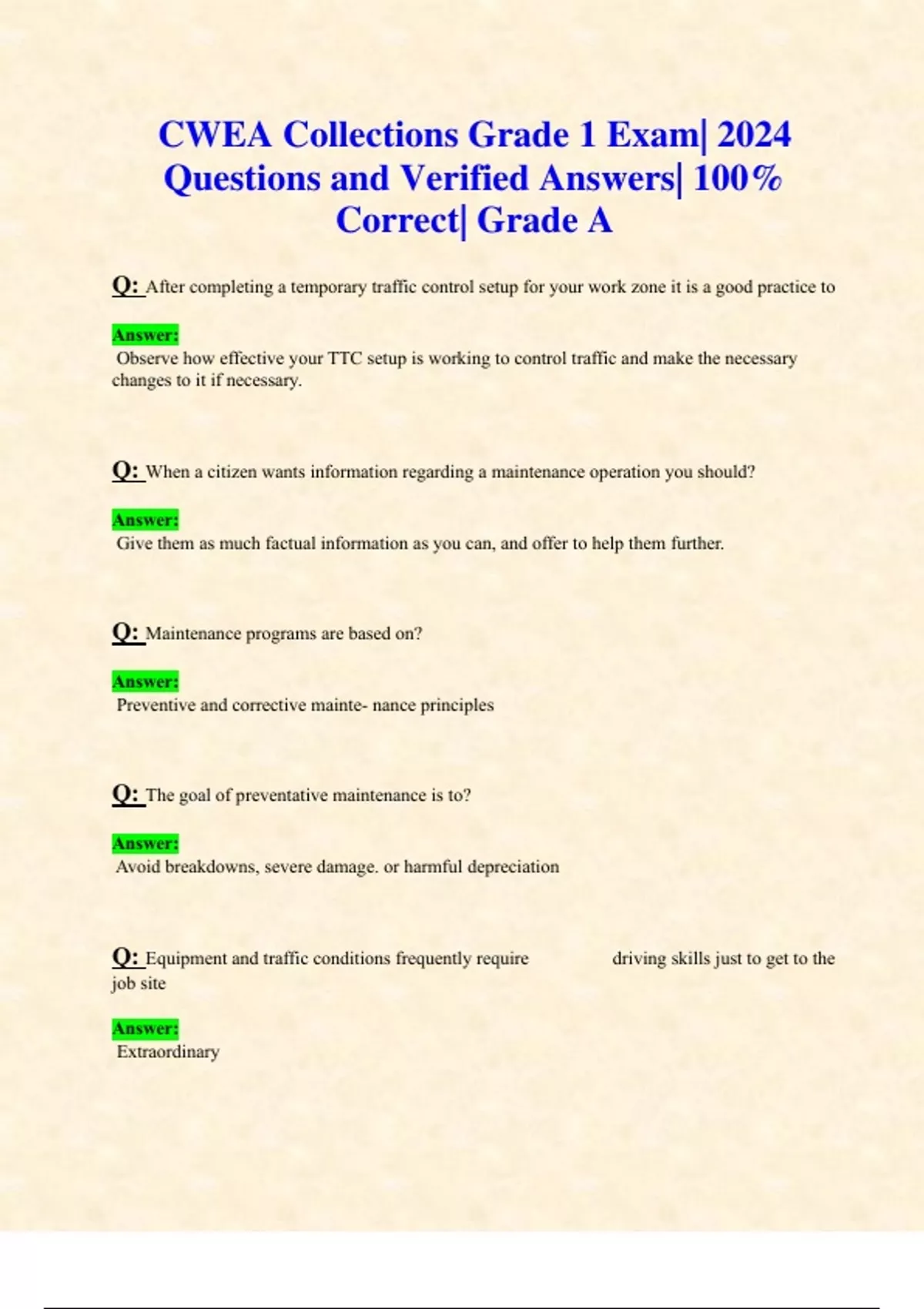 CWEA Collections Grade 1 2024 Exams STUDY BUNDLE WITH COMPLETE SOLUTIONS| Questions and Verified ...