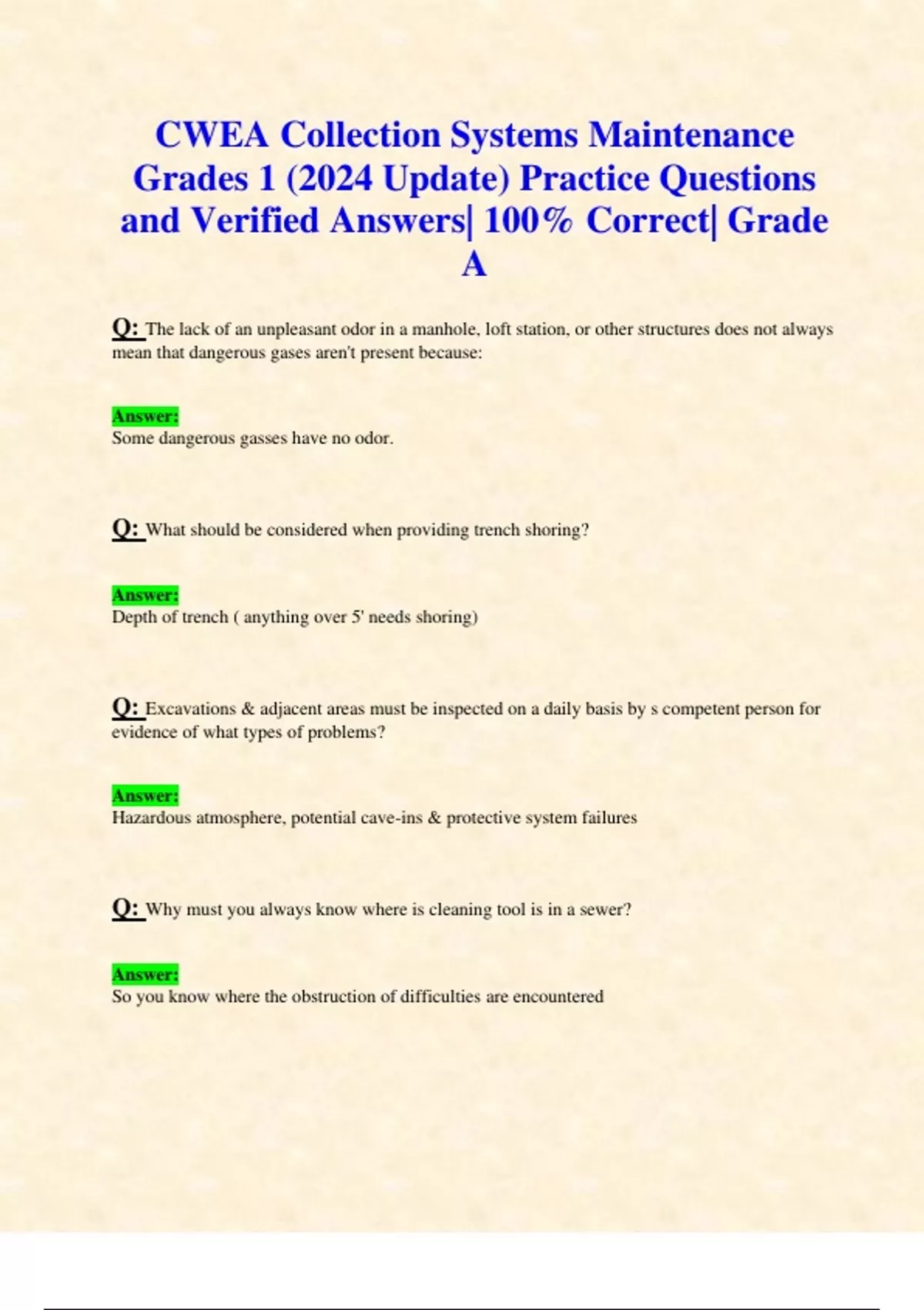 Cwea Collection Systems Maintenance Grades 1 2024 Update Practice Questions And Verified