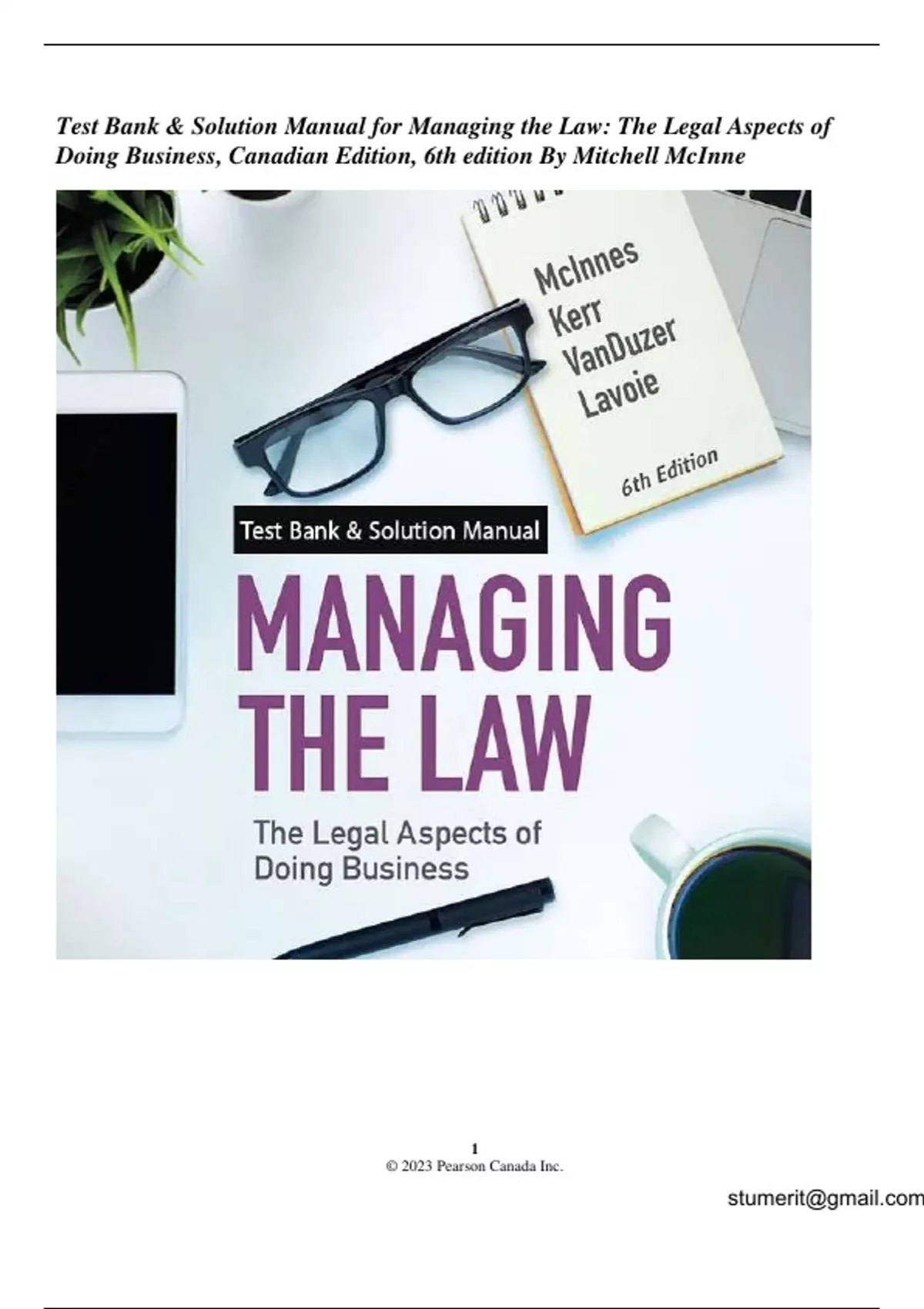 Test Bank And Solution Manual For Managing The Law The Legal Aspects Of Doing Business Canadian
