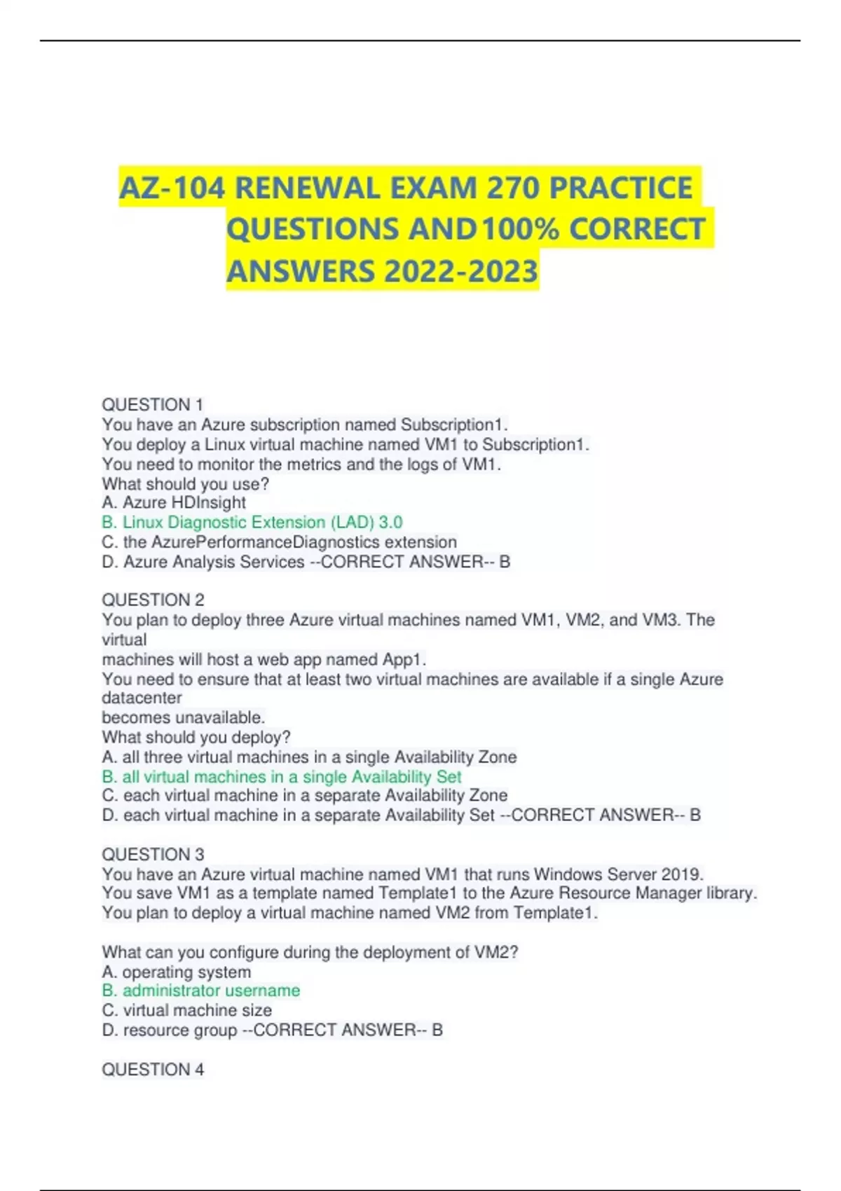 AZ-104 RENEWAL EXAM 270 PRACTICE QUESTIONS AND100% CORRECT ANSWERS - AZ ...