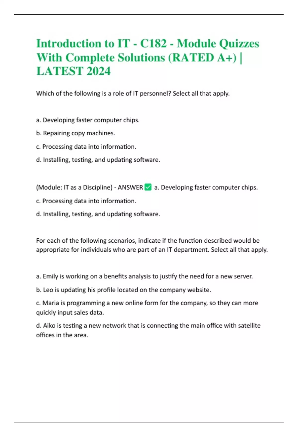 Introduction to IT - C182 - Module Quizzes With Complete Solutions ...