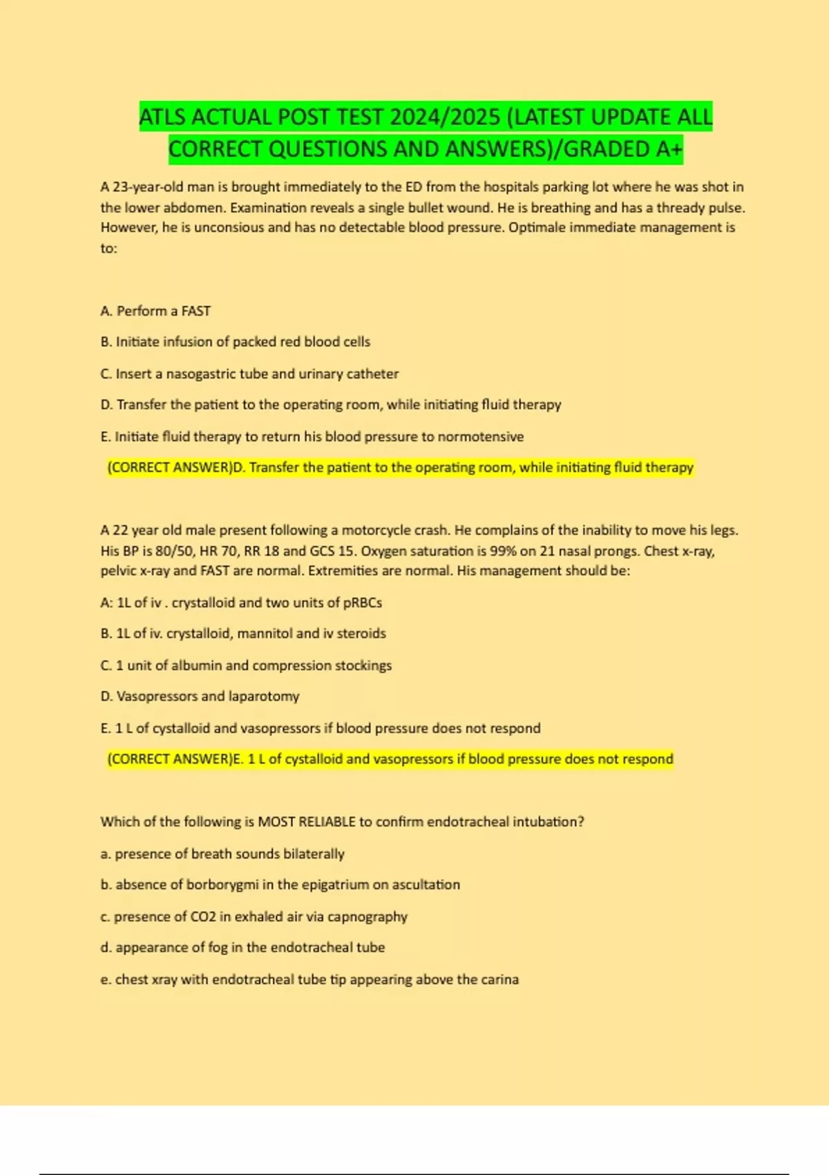 ATLS POST TEST ,PRE TEST , 3 VERSIONS OF ATLS 224/2025 TEST EXAMS ...